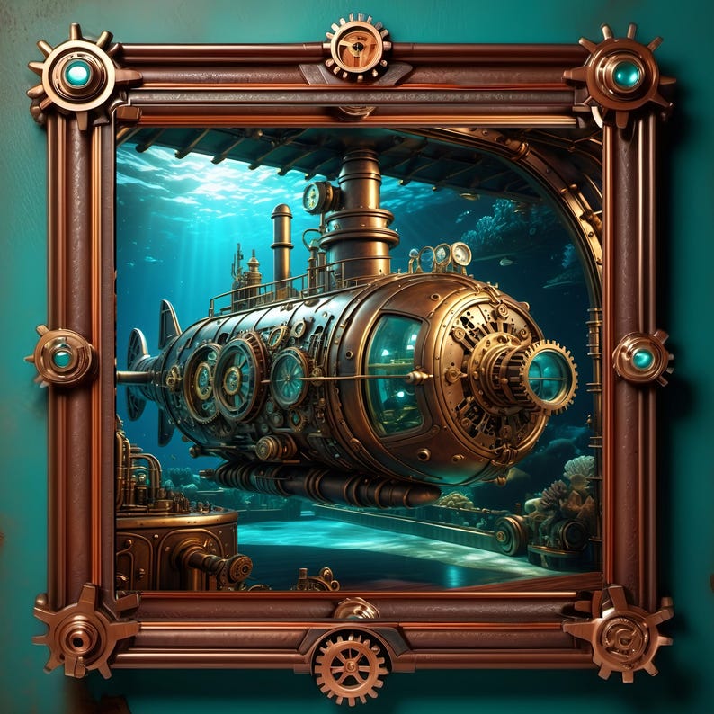 Steampunk Submarine Art Print: Vintage Nautical Sci-fi Decor (digital ...