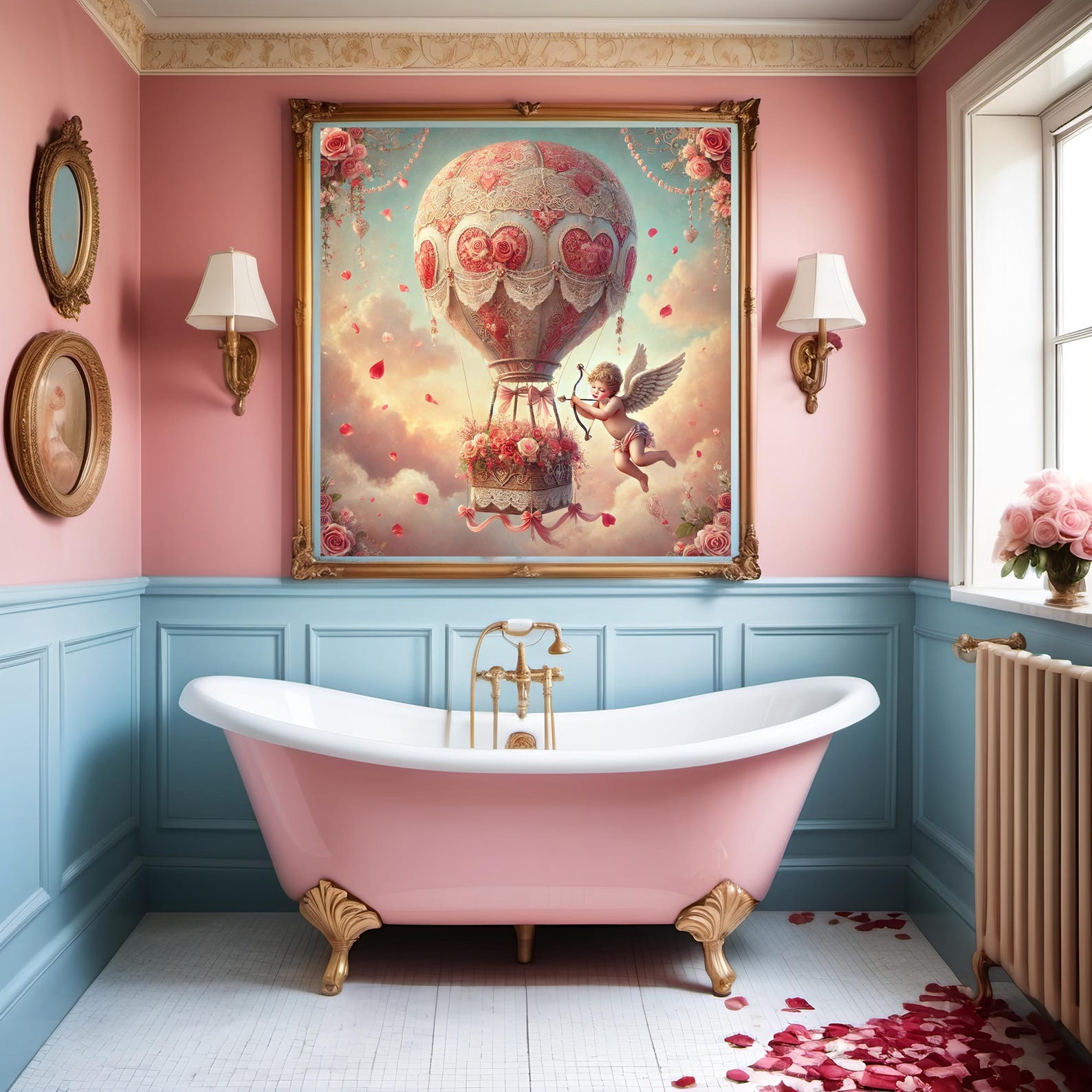 Cupid Valentine Hot Air Balloon Print: Vintage Rose Decor (digital ...