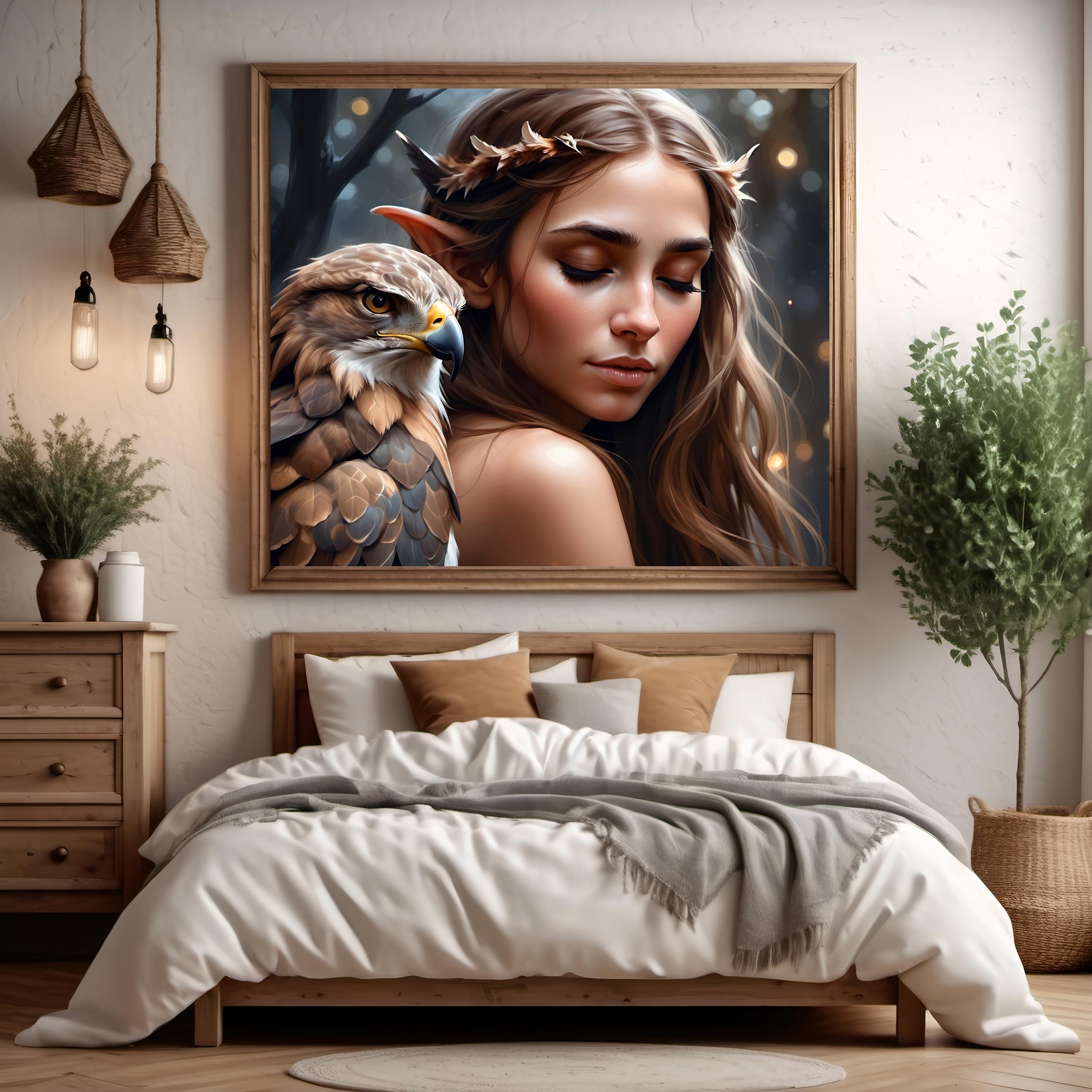 Elf Maiden and Hawk Art Print: Enchanting Forest Fantasy (digital ...