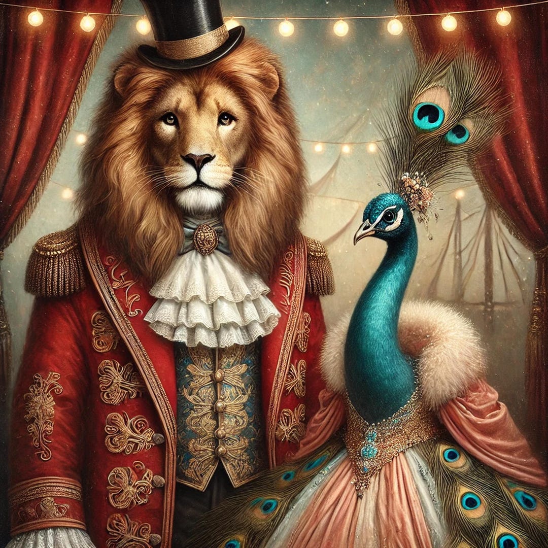 Lion and Peacock Victorian Print: Anthropomorphic Animal Art (digital ...