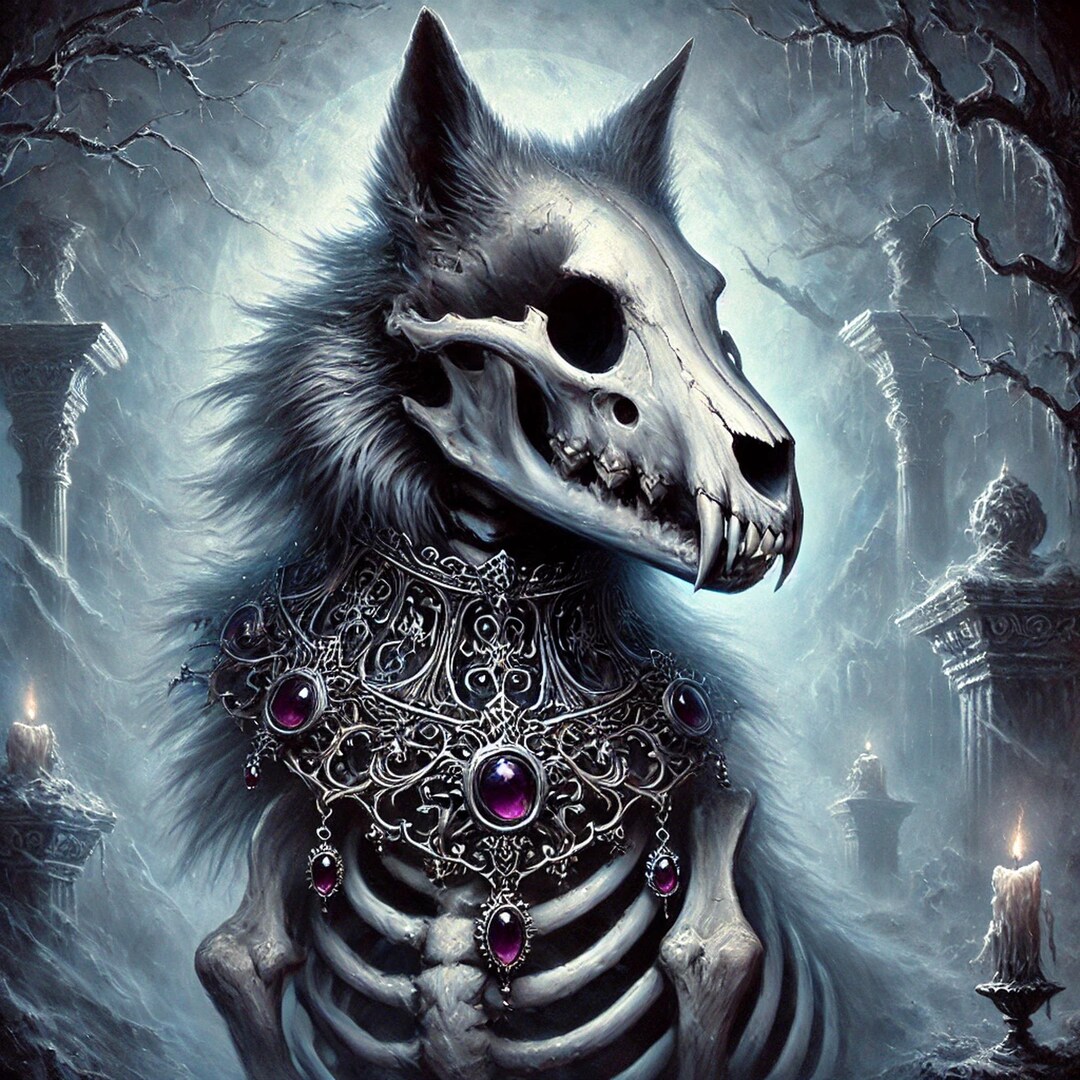 Gothic Skeleton Dire Wolf Print: Dark Fantasy Halloween Decor (digital ...