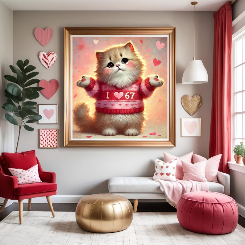 Funny Valentine Cat Print | I Heart 67 Meme, Whimsical Kitten (digital ...