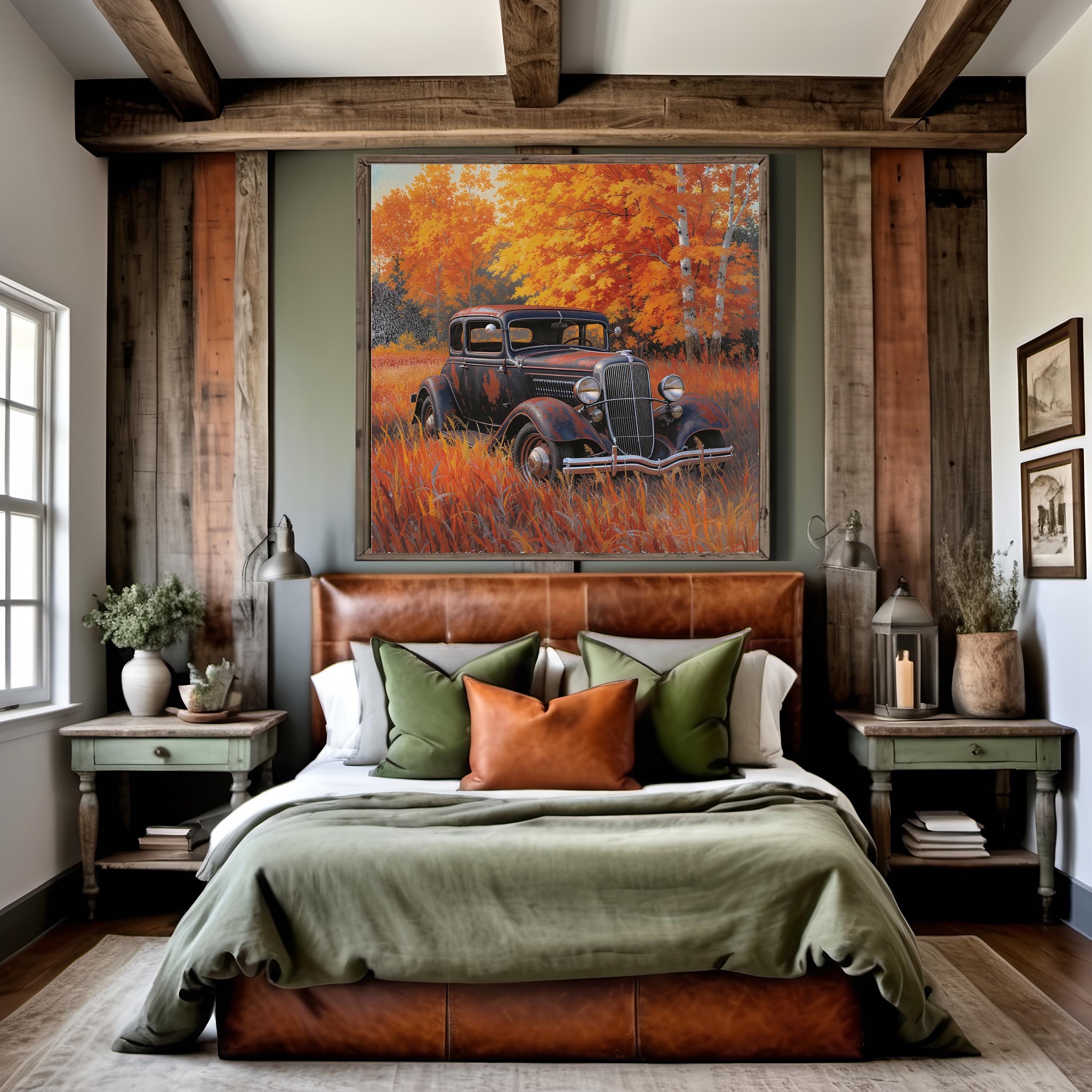 Vintage Car Autumn Art Print: Rustic Americana Garage Decor (digital ...