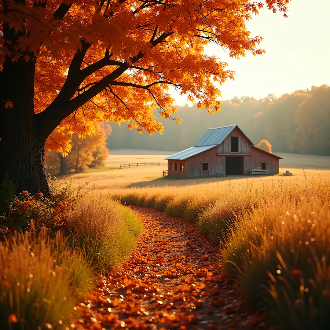 Picturesque Fall Barn Digital Wall Art Golden Autumn Landscape ...