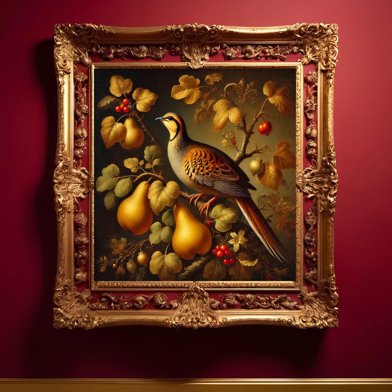 Partridge in a Pear Tree Art: Rustic Holiday Botanical Print (digital ...