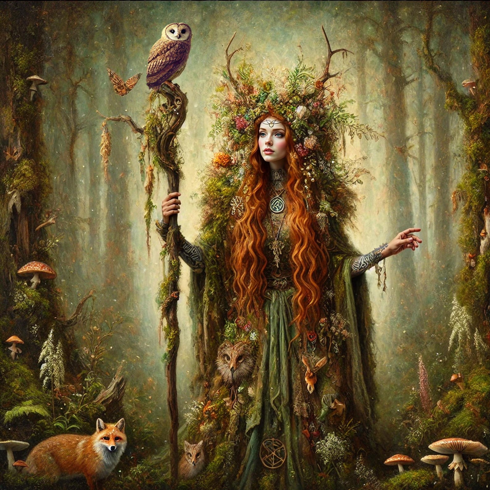 Forest Witch Digital Art Print: Tattooed Enchantress With Owl (instant ...