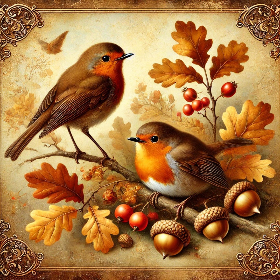 Vintage Fall Robin Print: Acorns & Oak Leaves (digital Download ...