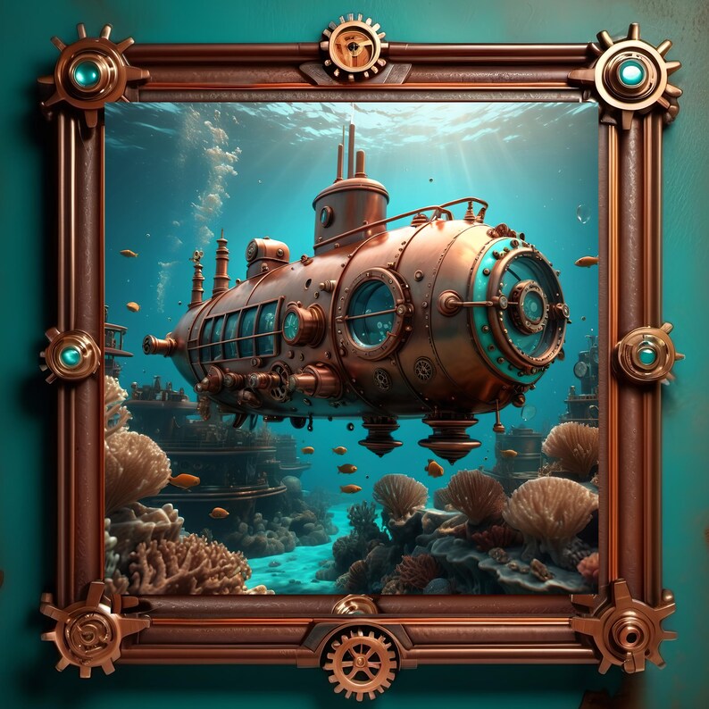 Underwater Steampunk Submarine Digital Print Nautical Fantasy Wall Art ...