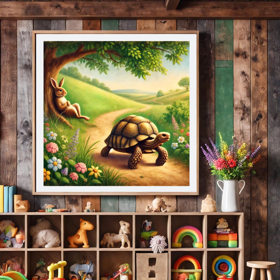 Tortoise and Hare Storybook Art: Whimsical Nursery Print (digital ...