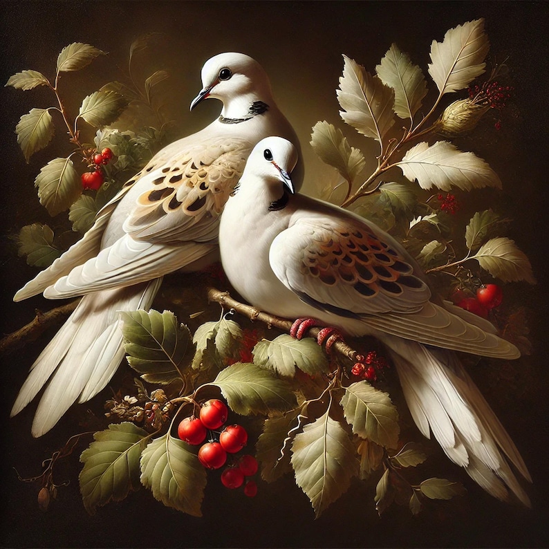 Two Turtle Doves Wall Art | Romantic Christmas Decor, Nature Digital Print, Elegant Holiday Art ...