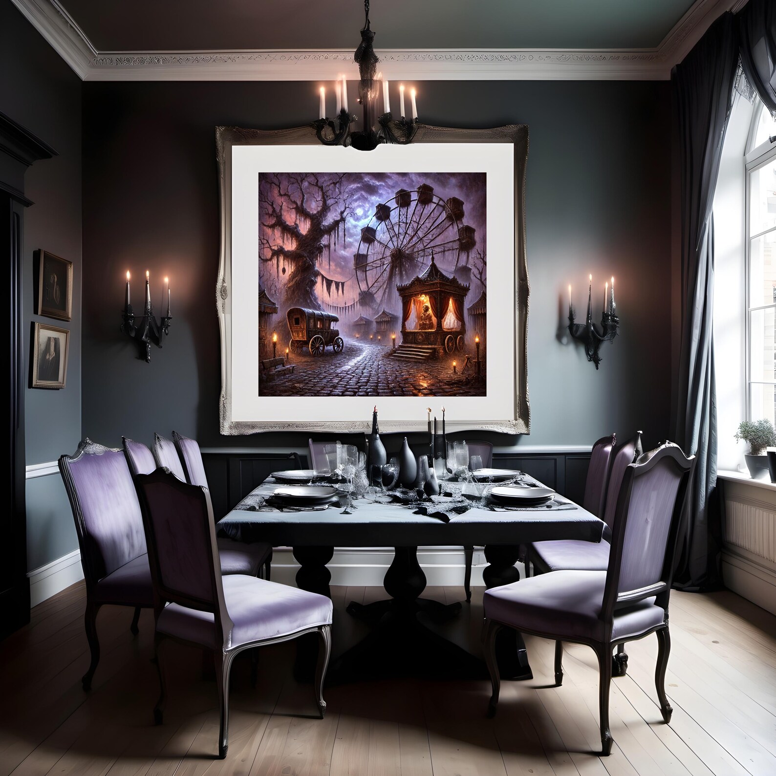 Haunted Carnival Print: Gothic Ferris Wheel, Dark Halloween Fairground ...