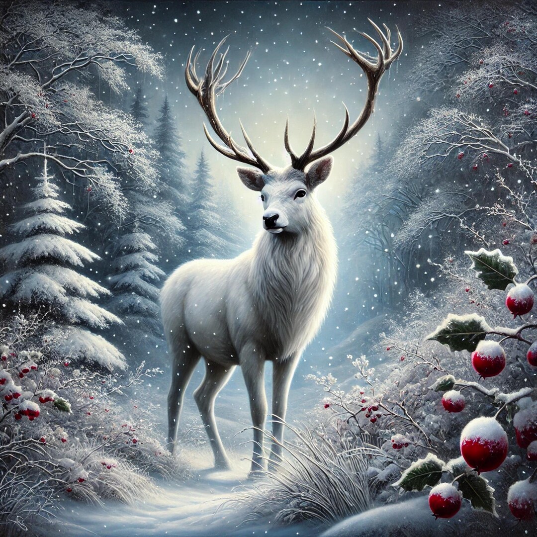 Snow White Stag in Snowy Woodland Art Print | Winter Wonderland Decor ...