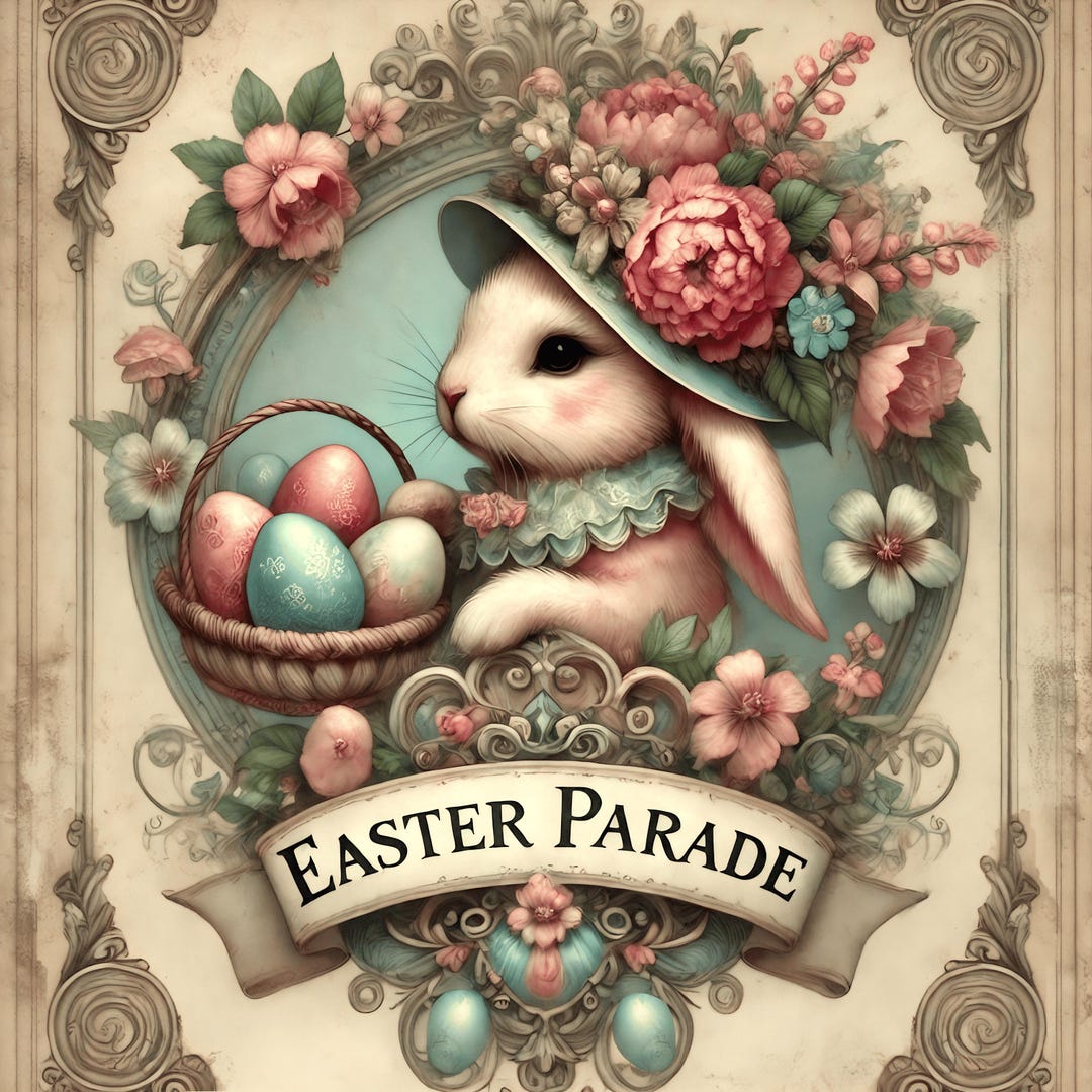 Vintage Easter Sign Wall Art Bunny Easter Basket Digital Print Antique ...