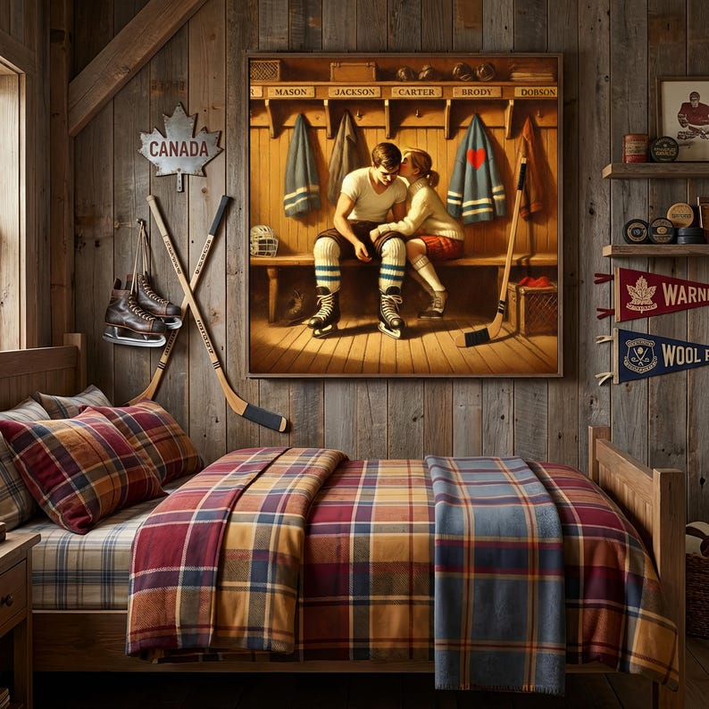 Hockey Romance Art Print: Locker Room Kiss, Vintage Love Scene (digital ...