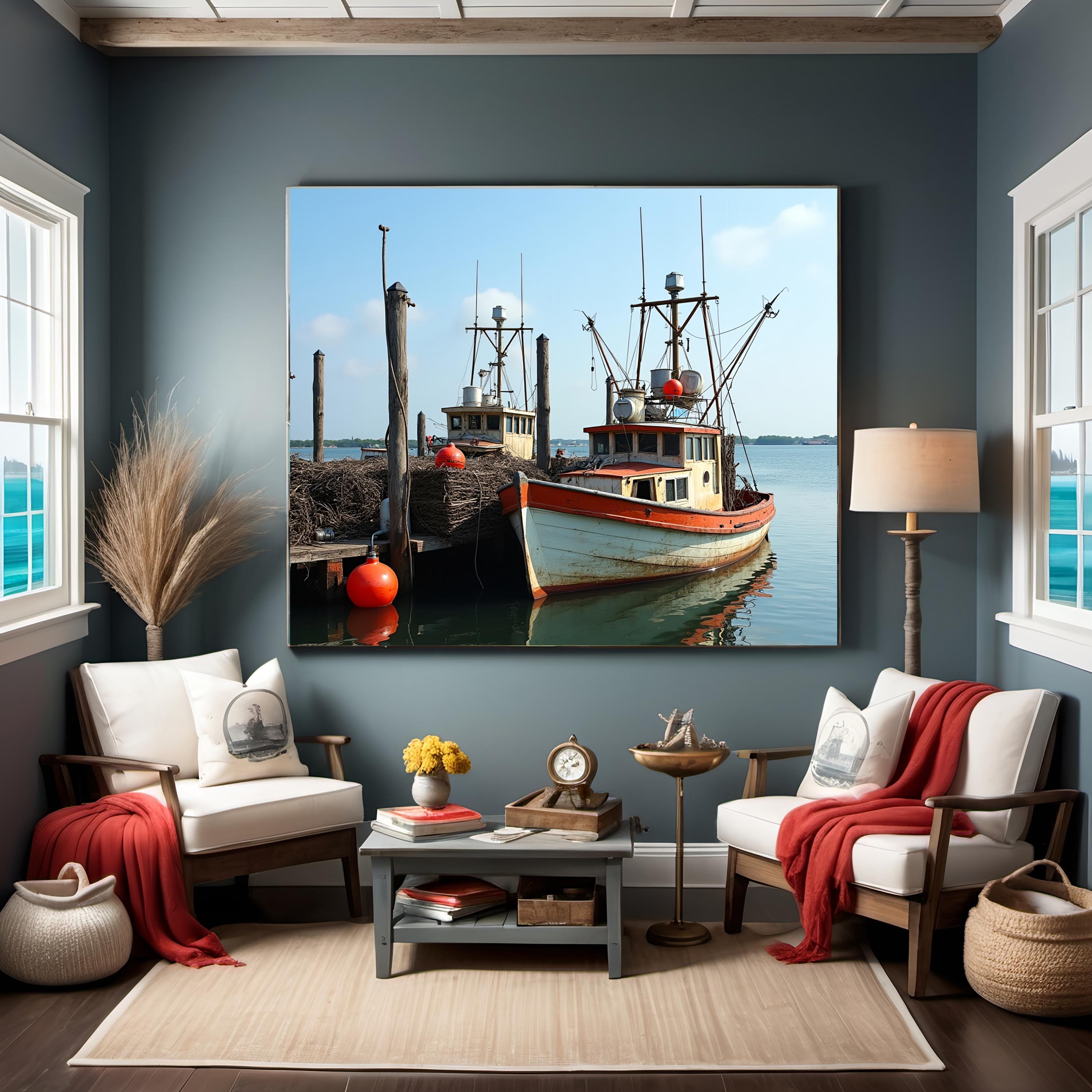 Vintage Lobster Boats by Dock, Rustic Nautical Art, Coastal Wall Decor ...