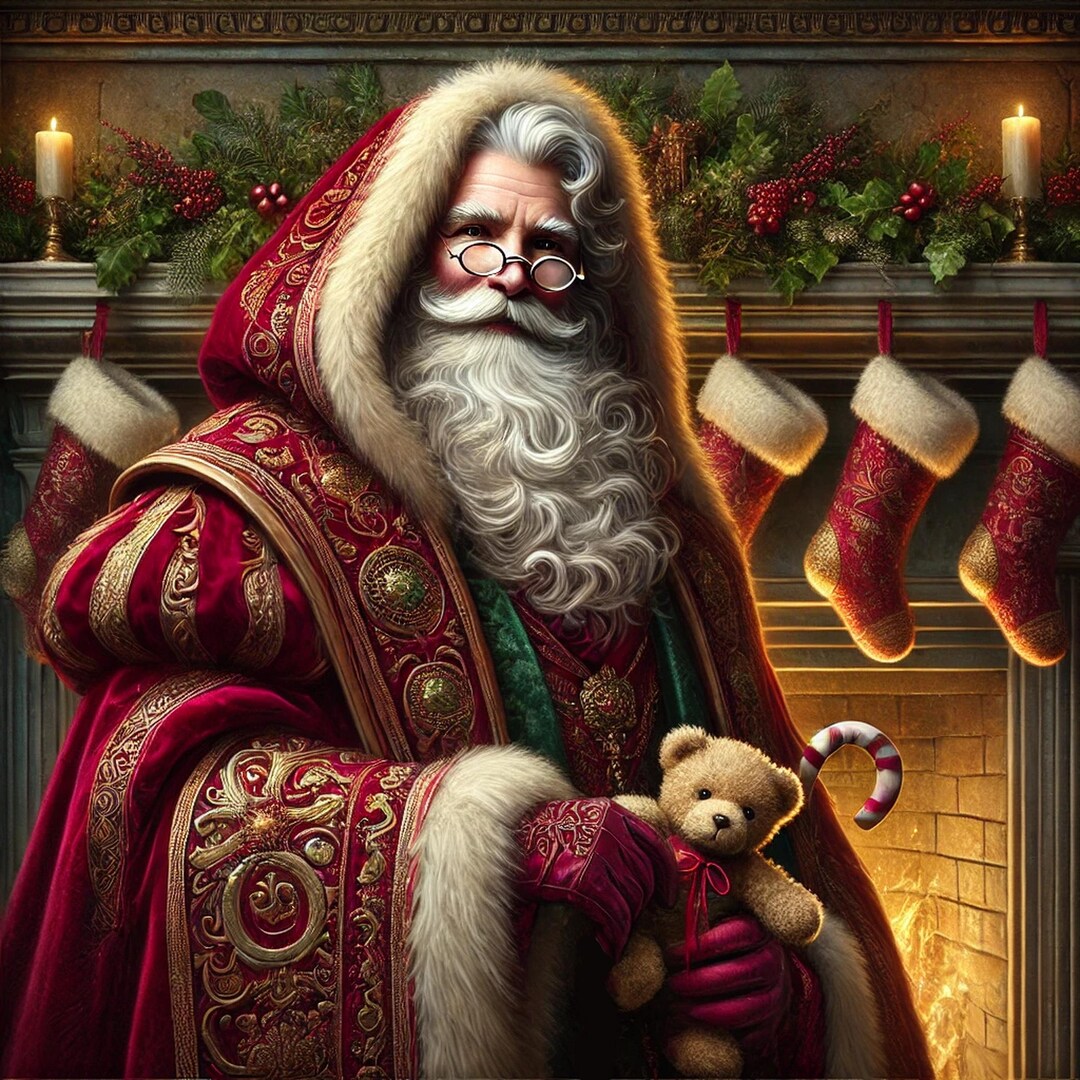 Vintage Santa Claus Christmas Artwork Regal Santa Painting With Teddy ...