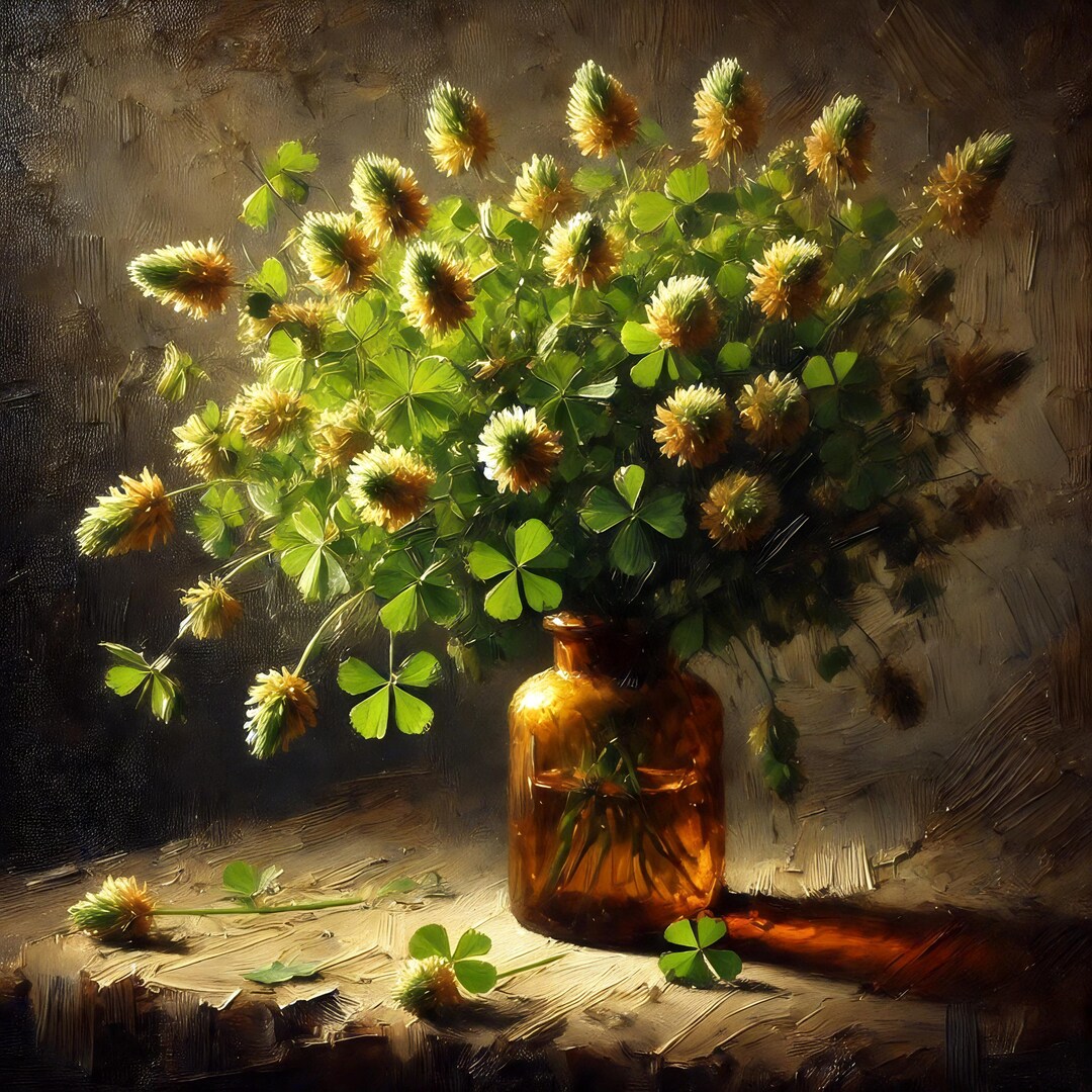 Rustic Clover Still Life Art Print: Vintage Botanical Decor (digital ...