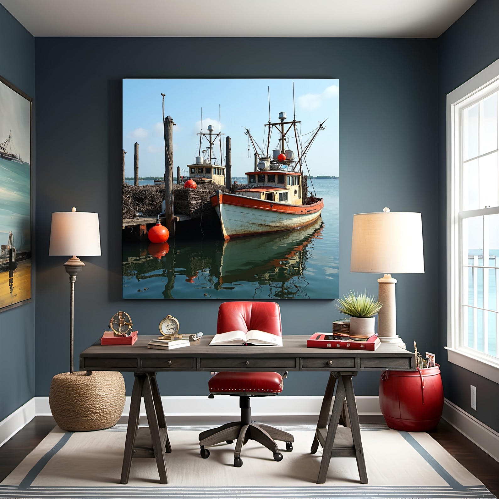 Vintage Lobster Boats by Dock, Rustic Nautical Art, Coastal Wall Decor ...