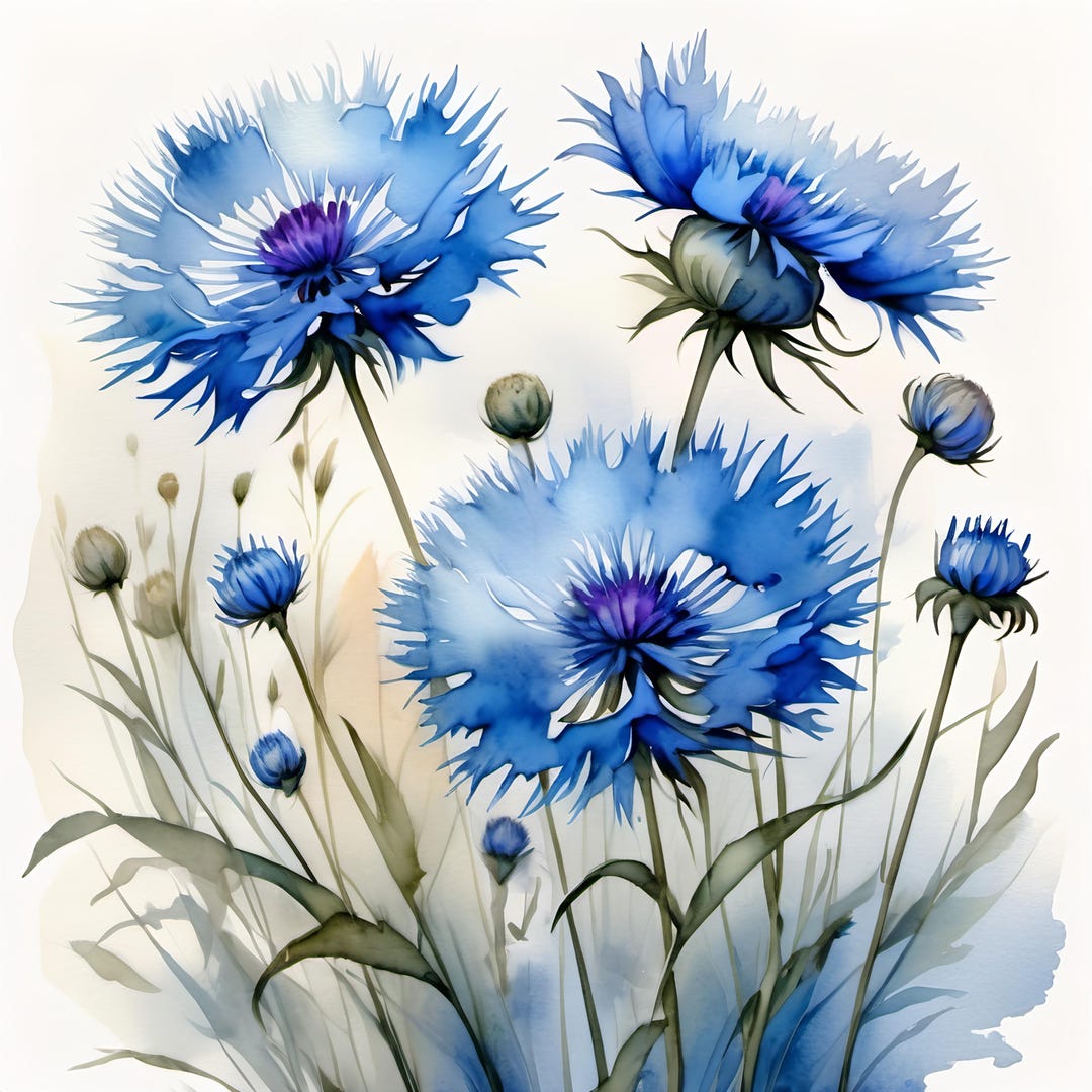Blue Bachelor Button Watercolor Print: Floral Wall Art (digital ...