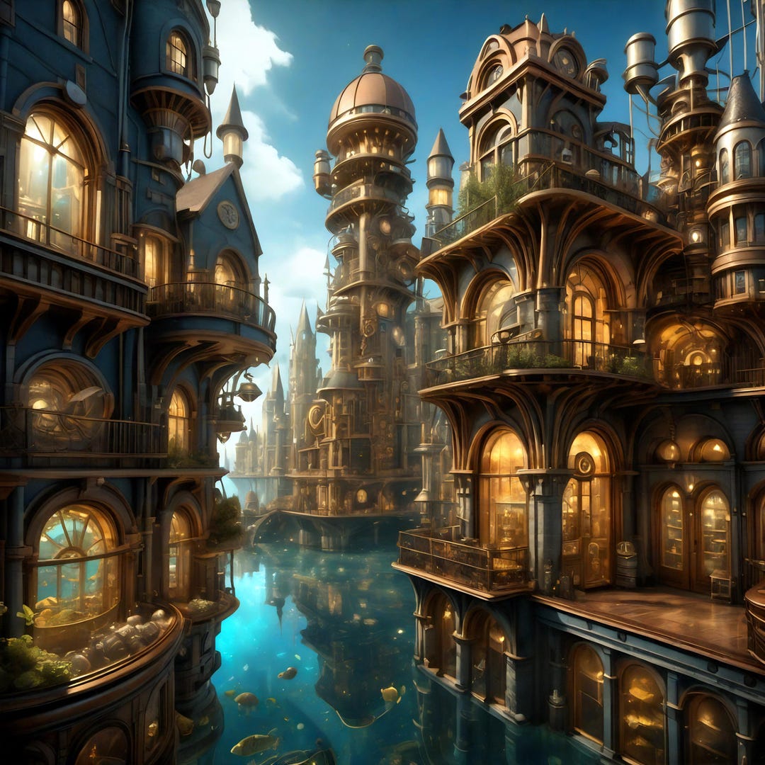 Steampunk Atlantis Inspired City Digital Print, Intricate Architecture ...