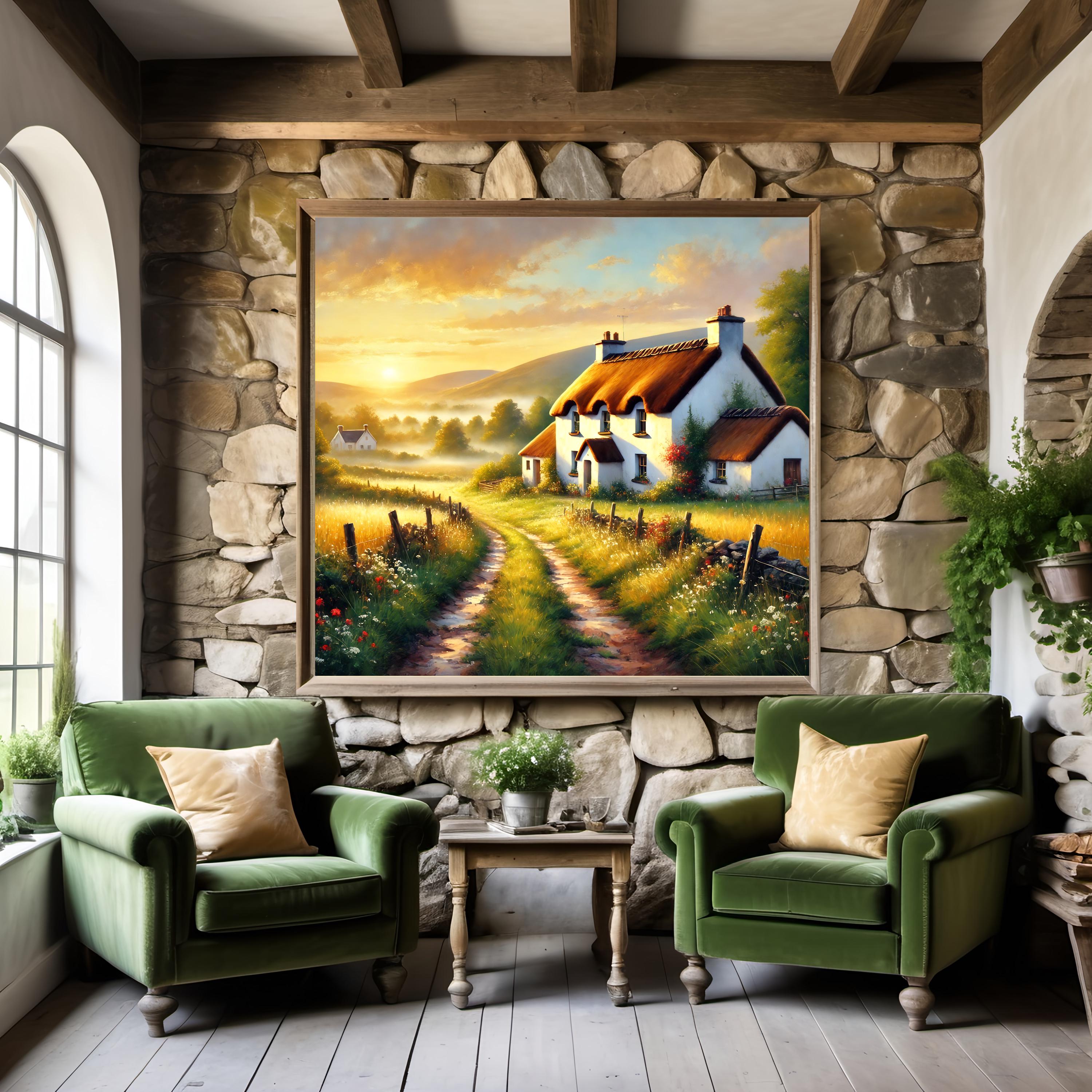 Irish Thatched Cottage Digital Print Rolling Hills Landscape Wall Art ...