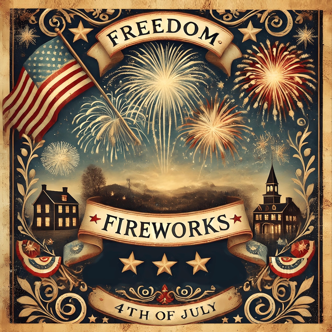 Freedom and Fireworks 4th of July Digital Art Print Patriotic Vintage ...