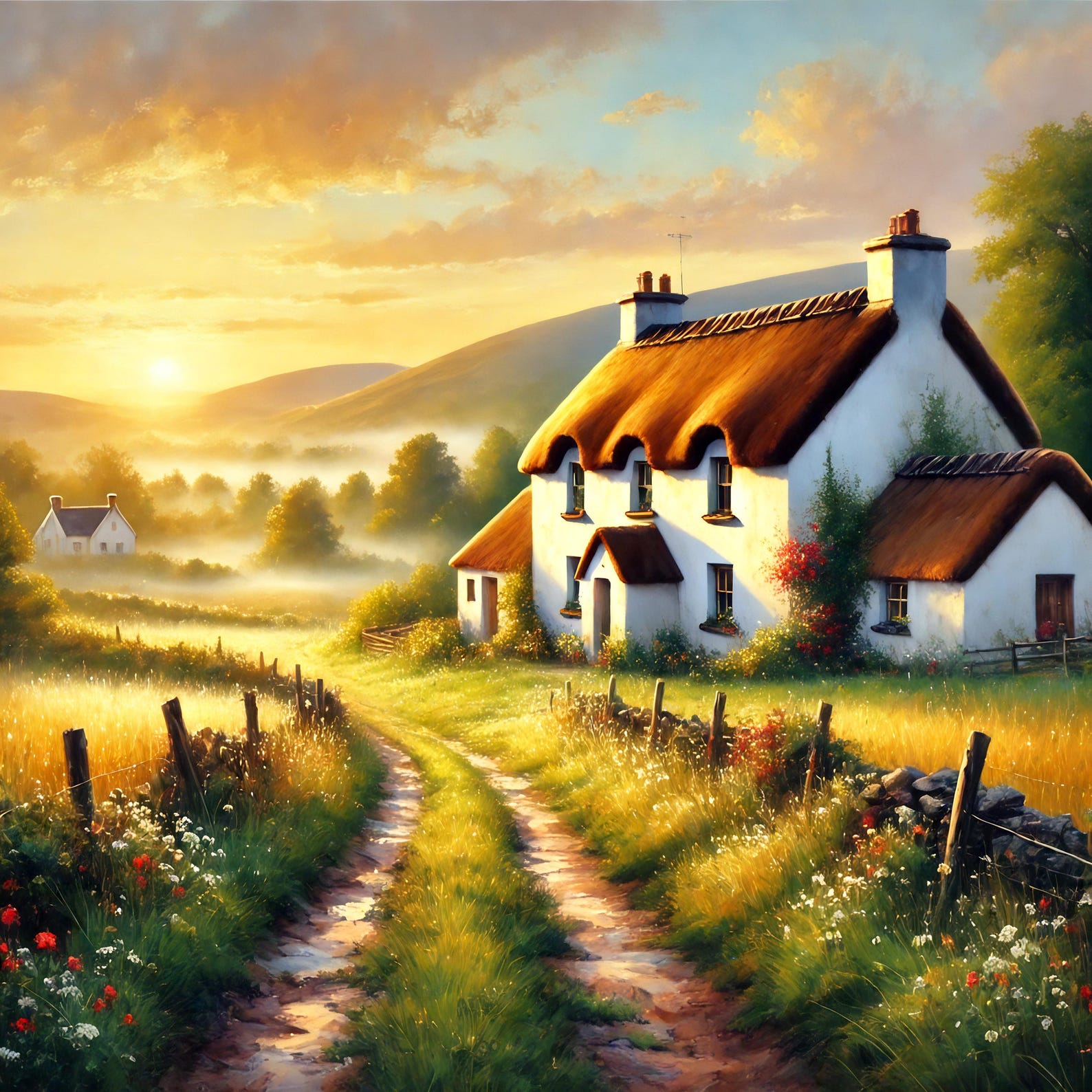 Irish Thatched Cottage Digital Print Rolling Hills Landscape Wall Art ...
