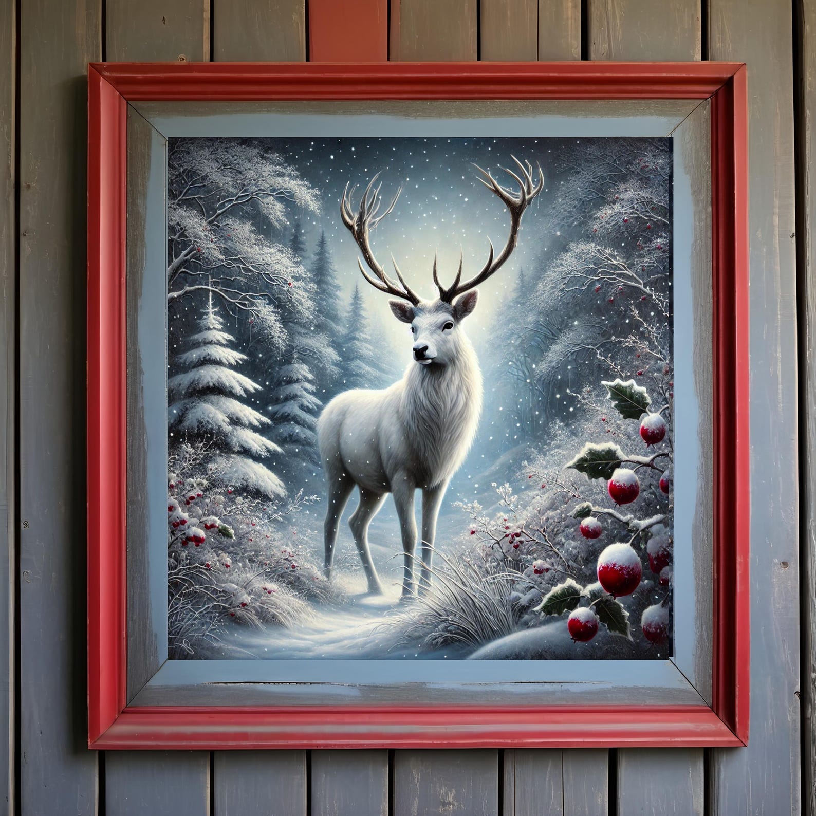 Snow White Stag in Snowy Woodland Art Print Winter Wonderland Decor ...