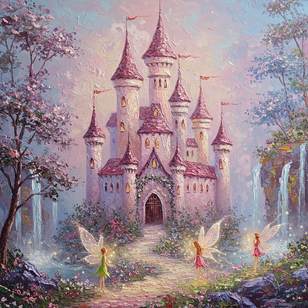 Fairy Castle Art Print: Whimsical Pink Castle, Fairies, Waterfalls ...