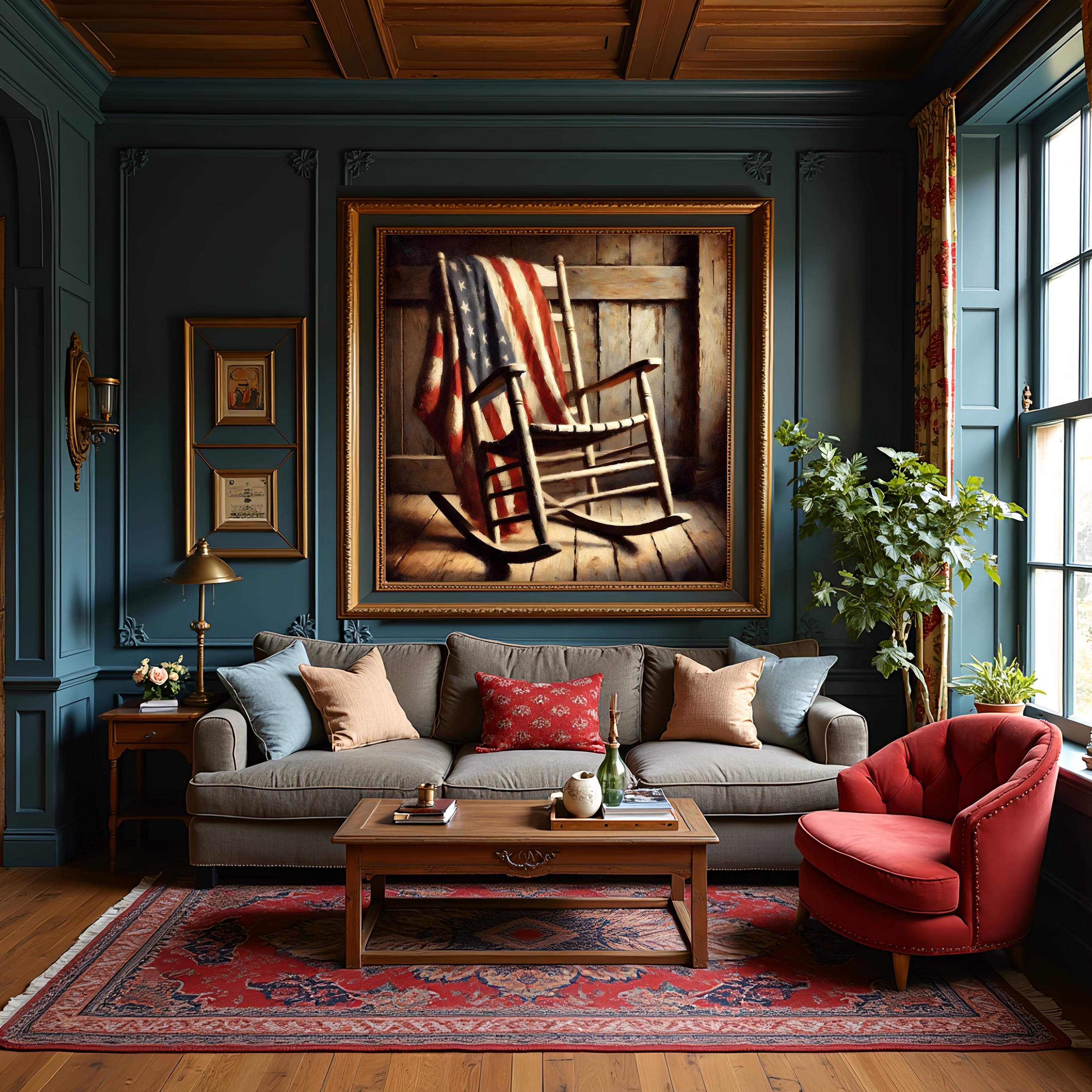American Flag Rocking Chair Print: Rustic Americana Wall Art (digital ...