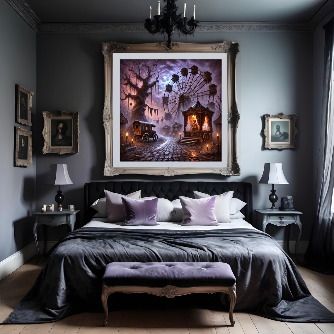 Haunted Carnival Print: Gothic Ferris Wheel, Dark Halloween Fairground ...