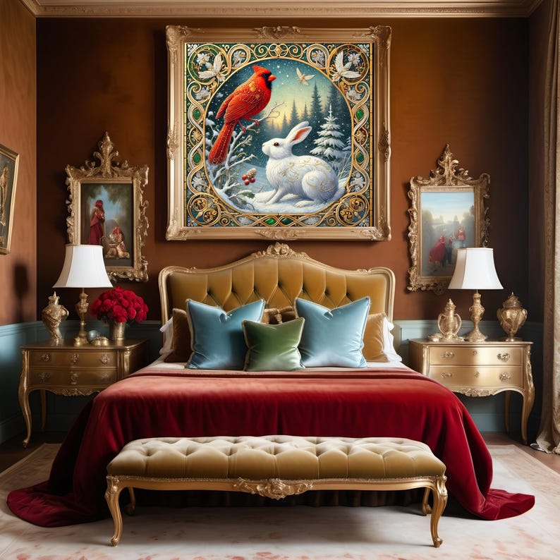 Winter Cardinal and White Rabbit Wall Art Digital Download Vintage ...