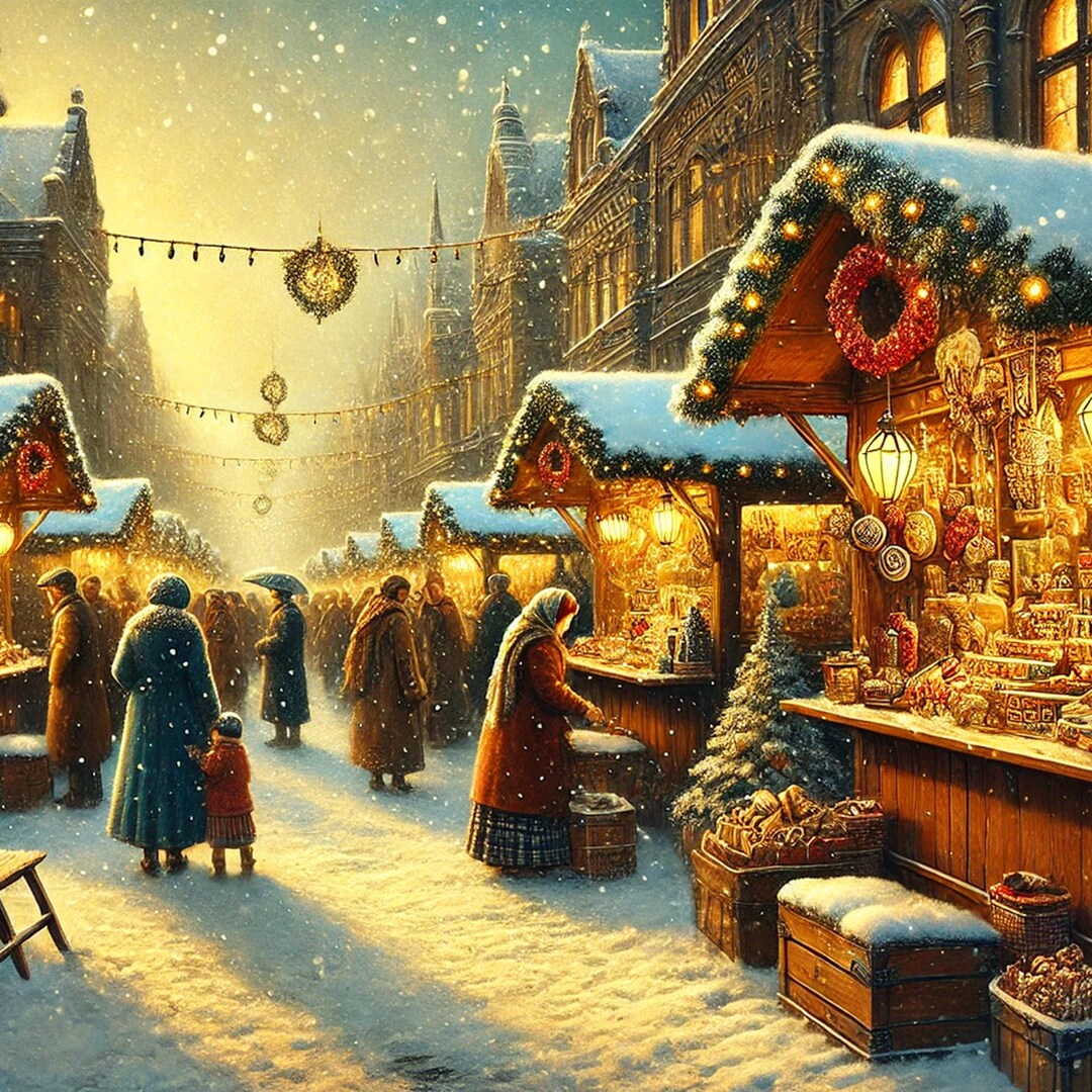 Vintage Christmas Market Scene Wall Art, Bustling Holiday Market Decor ...