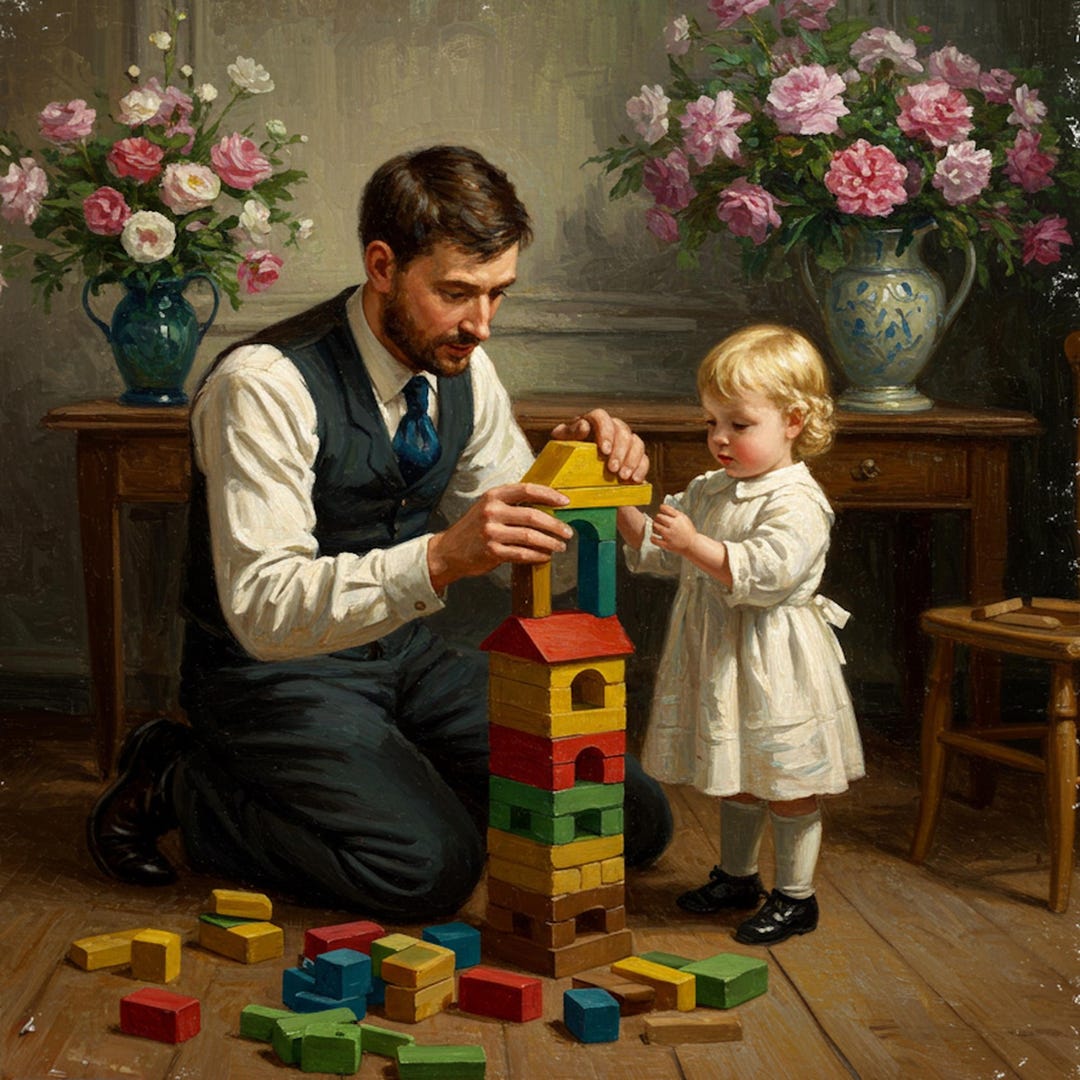 Father & Daughter Building Blocks Art: Vintage Style Painting (digital ...