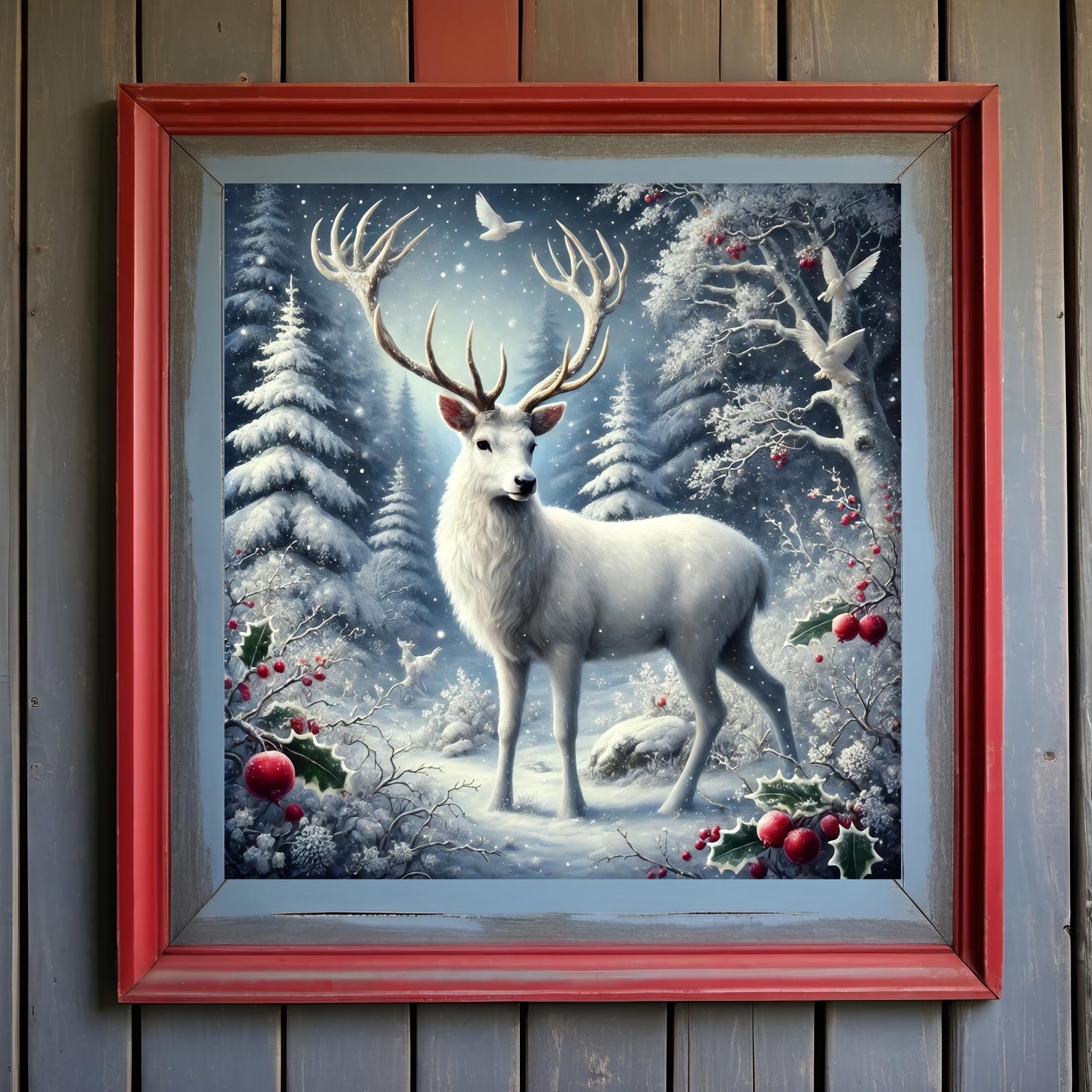 White Stag Winter Woodland Art Print: Snowy Holiday Decor (digital ...