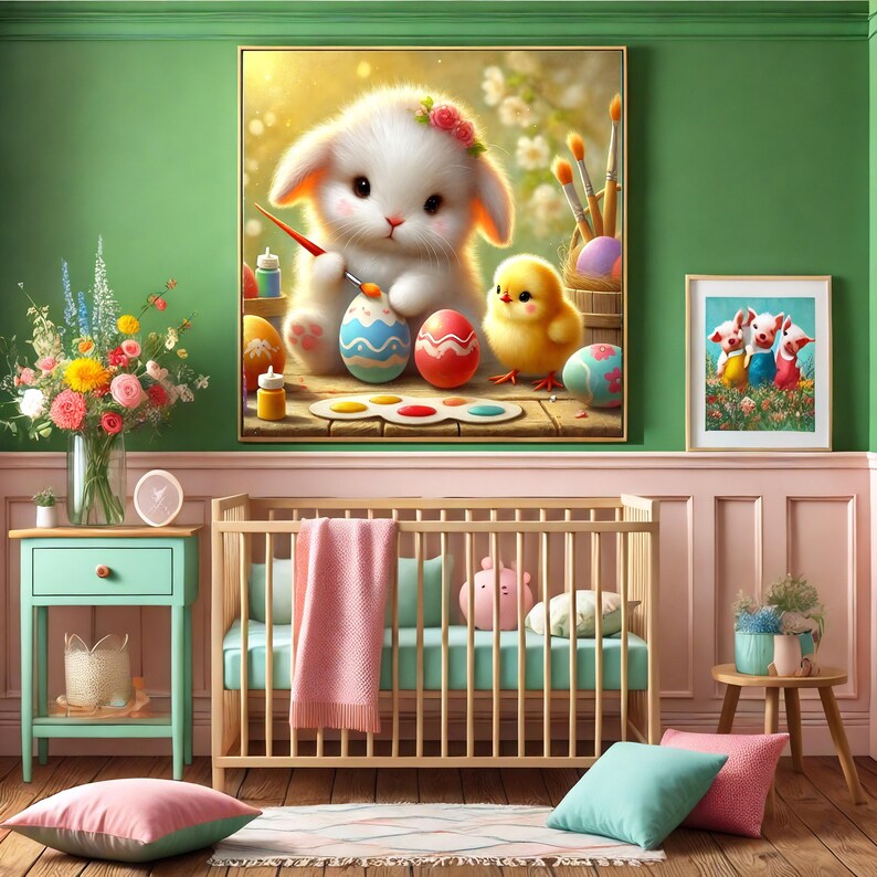 Easter Bunny & Chick Painting Eggs: Whimsical Spring Nursery Art ...
