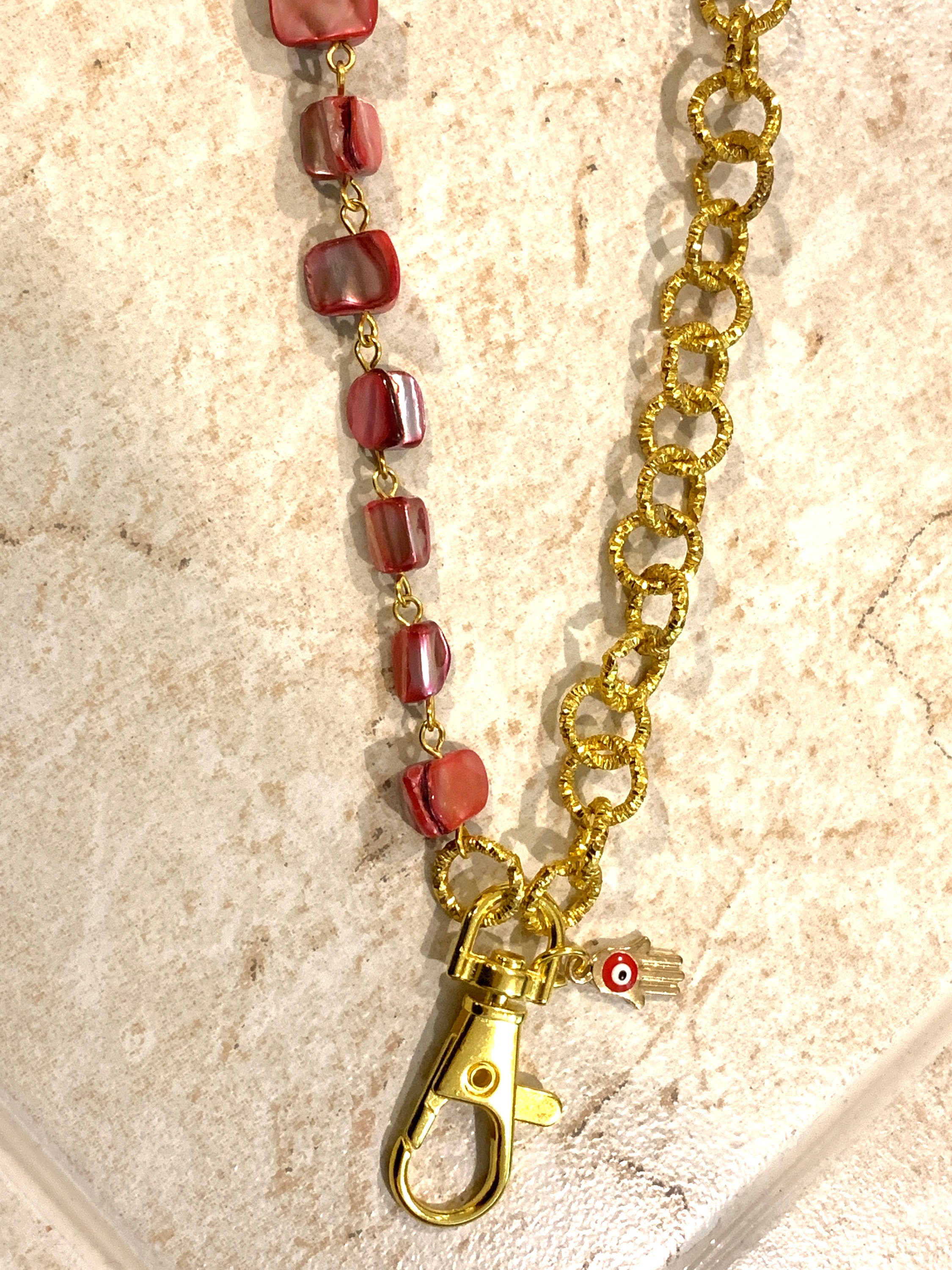 Sea Shell Lanyard Necklace Irregular Pink Sea Shell Beads Gold tone ...