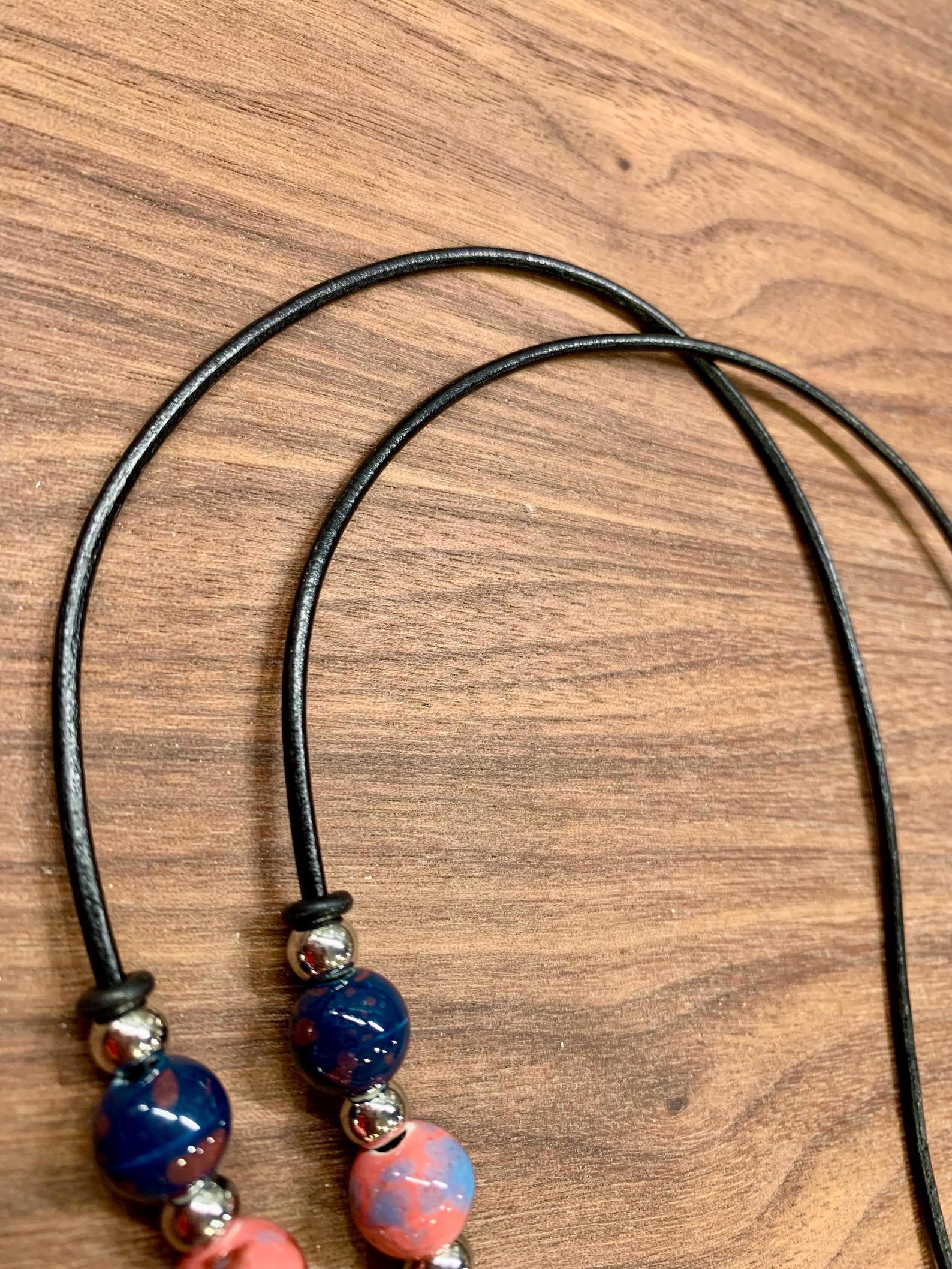 Cowhide Leather Lanyard Porcelain Beads Necklace Silver Tone Chain Keys ...