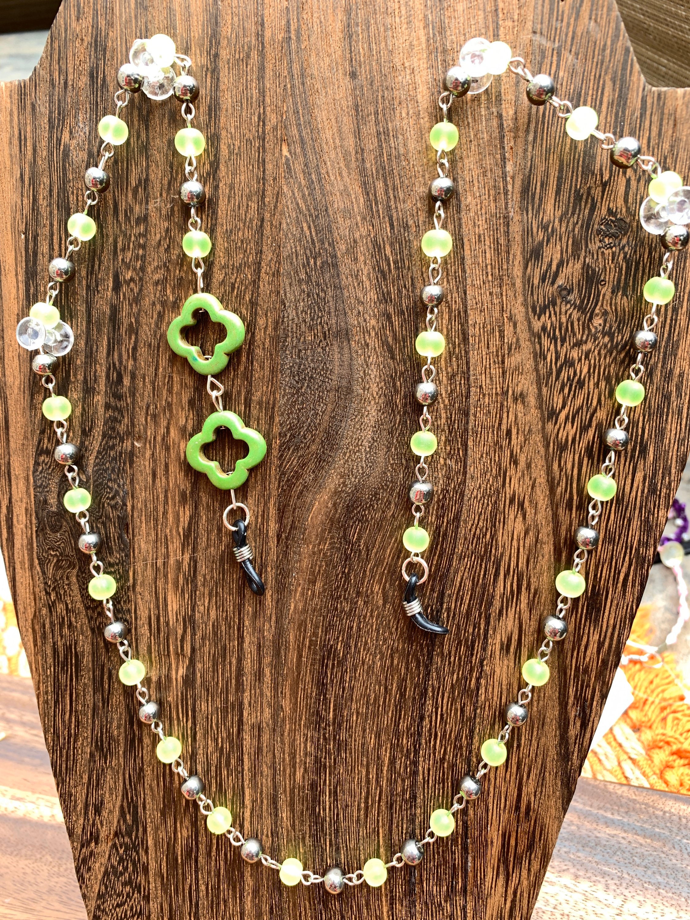 Customized Handmade Green Eyeglasses Eye Glasses chain Silver tone ...