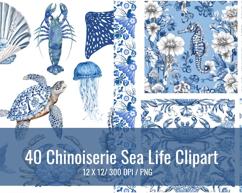 Chinoiserie Sea Life Clipart, Chinoiserie Marine Life Digital, Beach ...