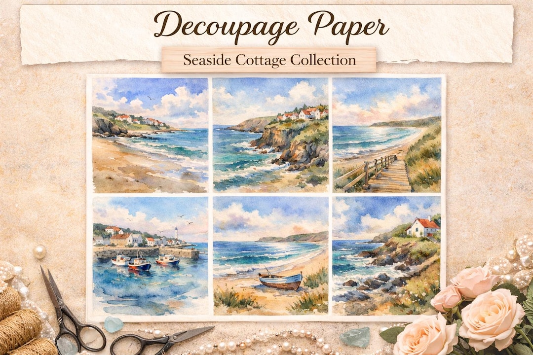 Coastal Decoupage Paper, Seaside Watercolor Beach Art, Cottage ...