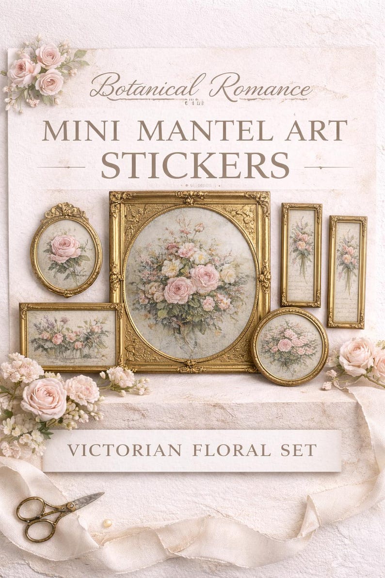 Dollhouse Mantel Art Stickers 1:12 Scale | Vintage Floral Framed Wall ...