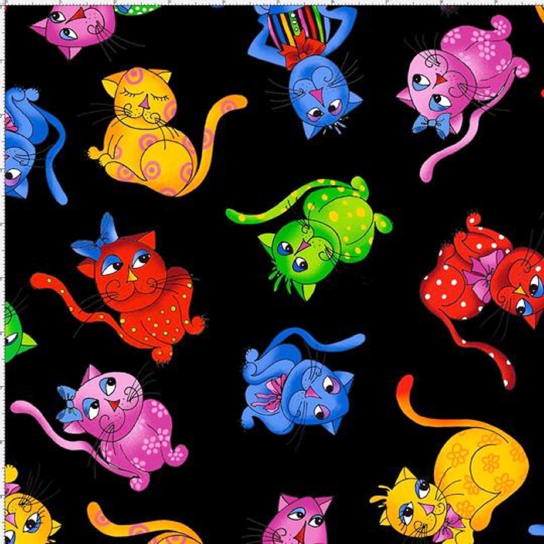 Cotton, Quilting, Fabric, on Black, Loralie Design, Happy Cat's ...