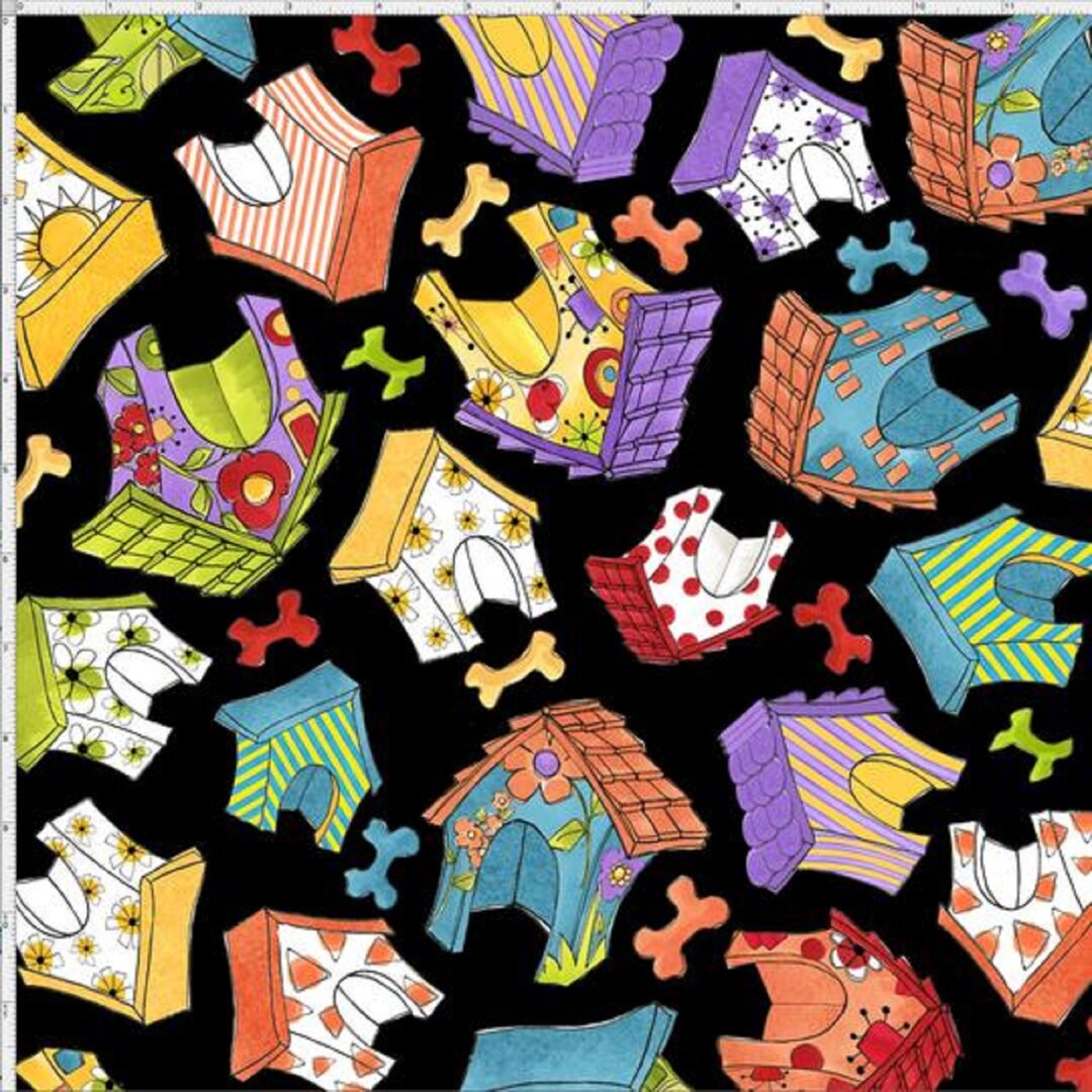 Cotton Fabric, Loralie Design, Dog Houses, Colorful , Pet House, Doggy ...