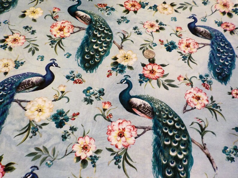 Cotton Quilting Fabric Peacocks Blue Peacocks Majestic | Etsy