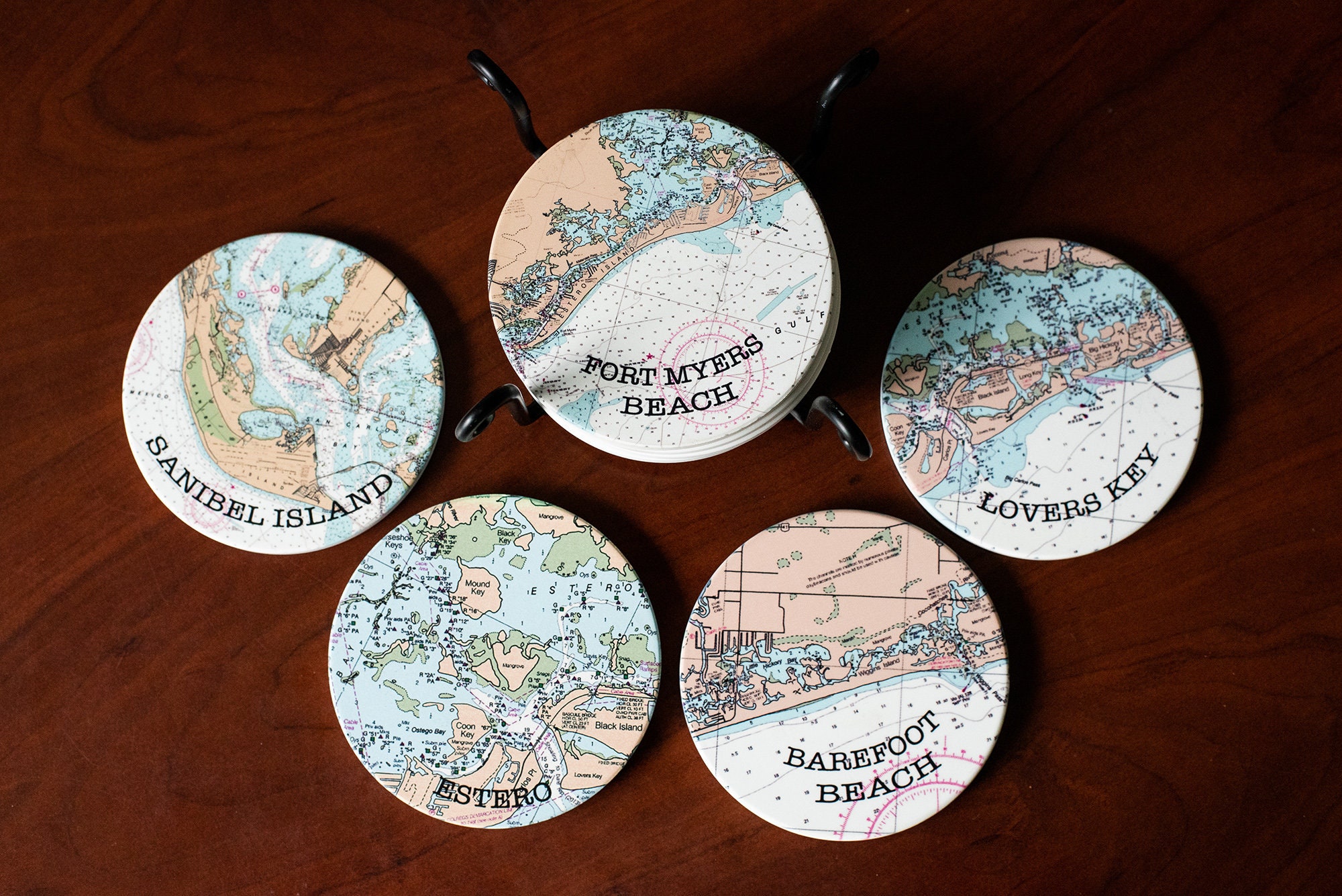 Fort Myers Beach, Round or Square Coasters, Florida Water, Map of ...