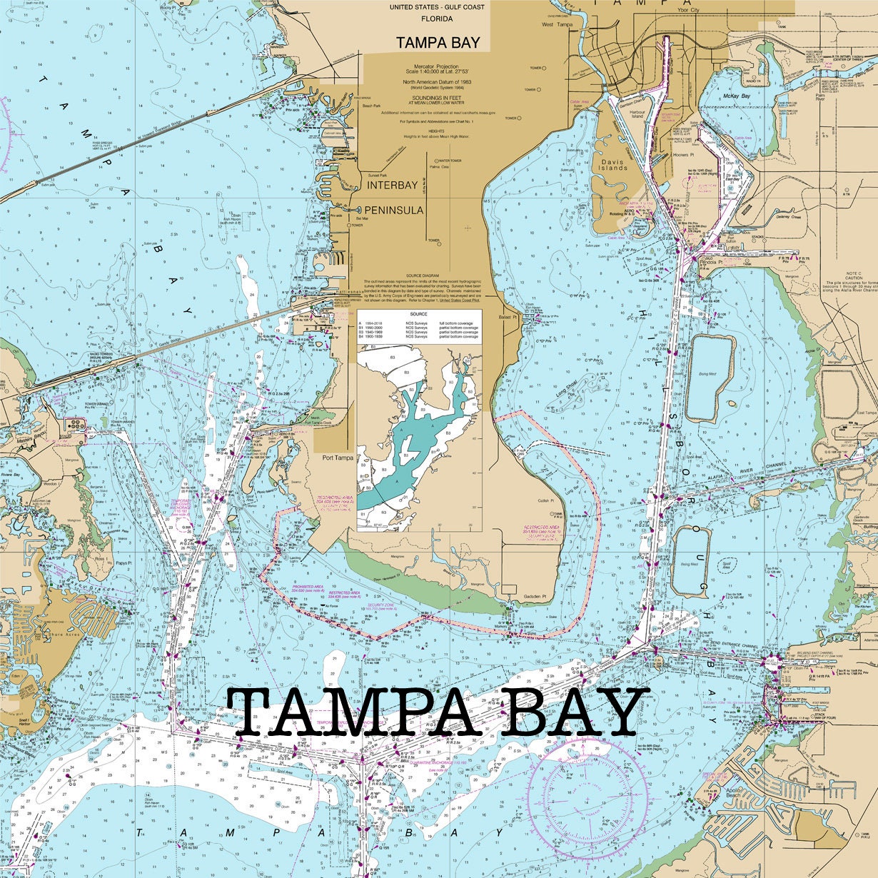 Tampa Bay, Map of Florida, Round or Square Coasters, Fisherman Gift ...