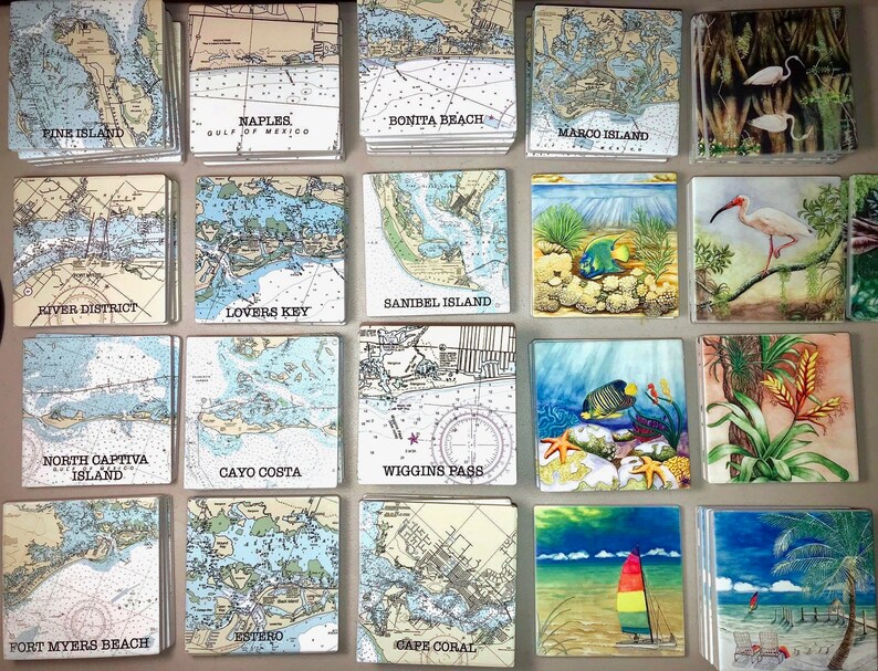 Sanibel Island, Round or Square Coasters, Map of Florida, Fisherman ...
