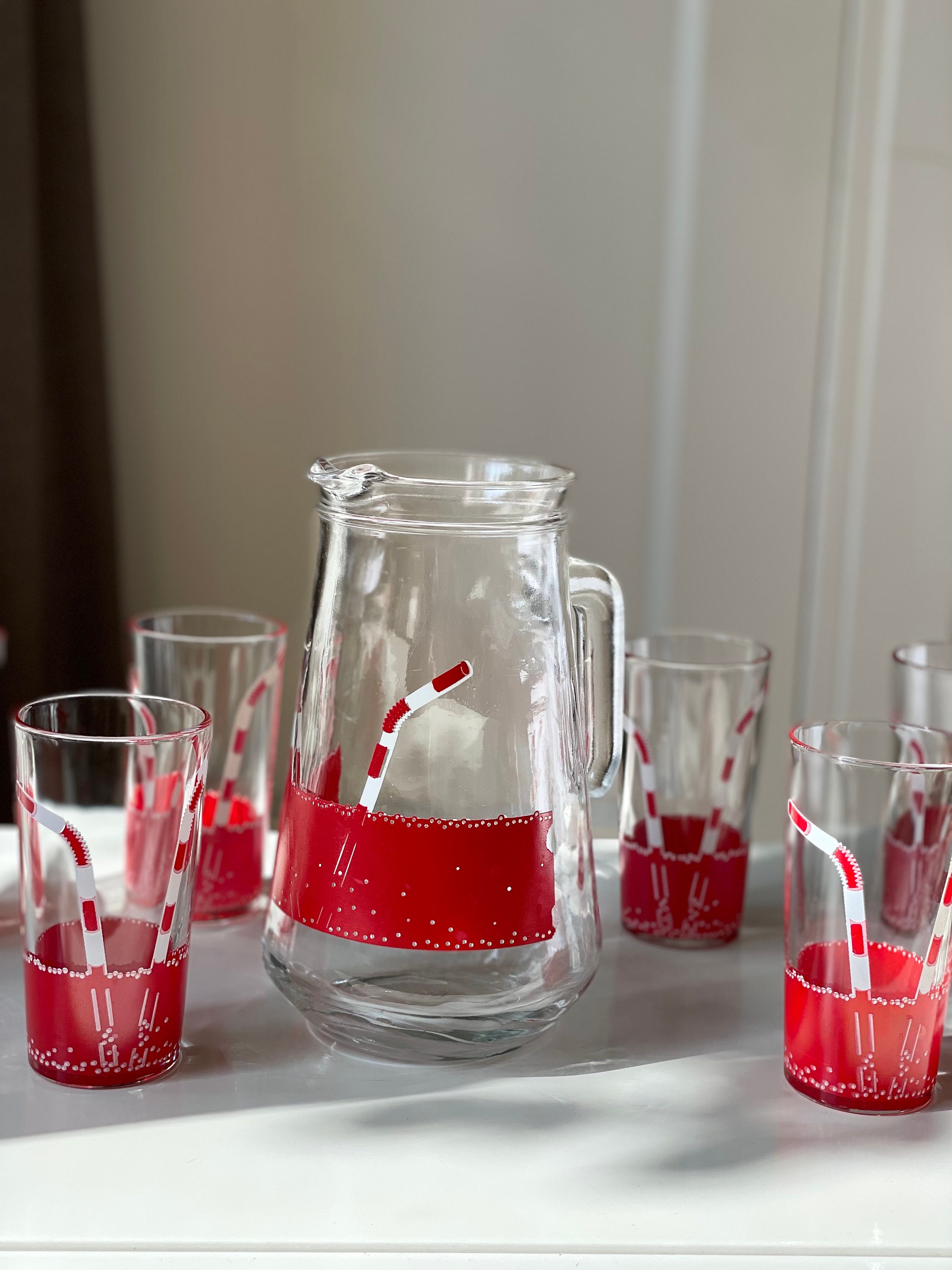 Vintage Lemonade Set, 1 Pitcher and 6 Glasses , Red Straw Design , 80s ...