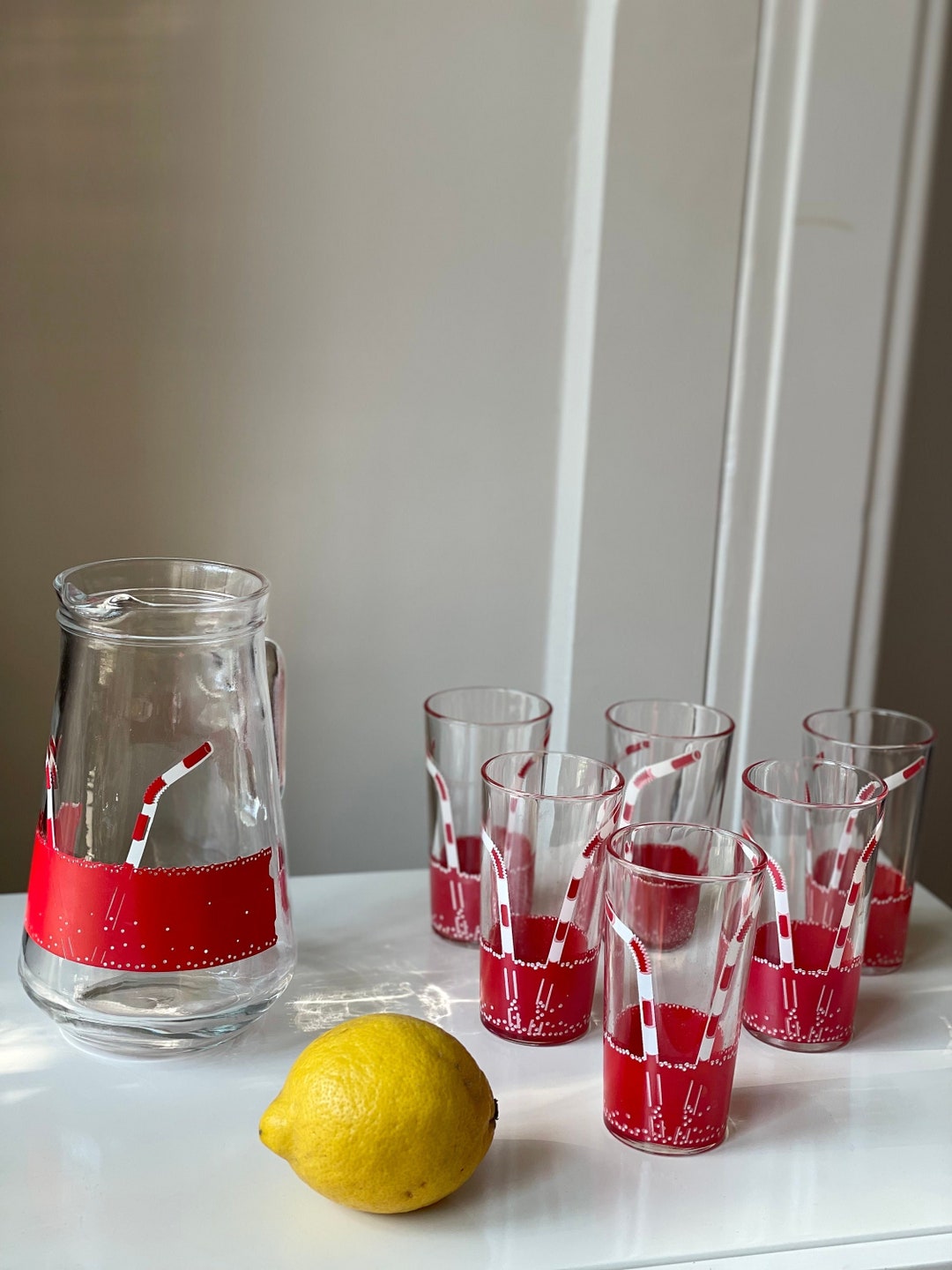 Vintage Lemonade Set, 1 Pitcher and 6 Glasses , Red Straw Design , 80s ...